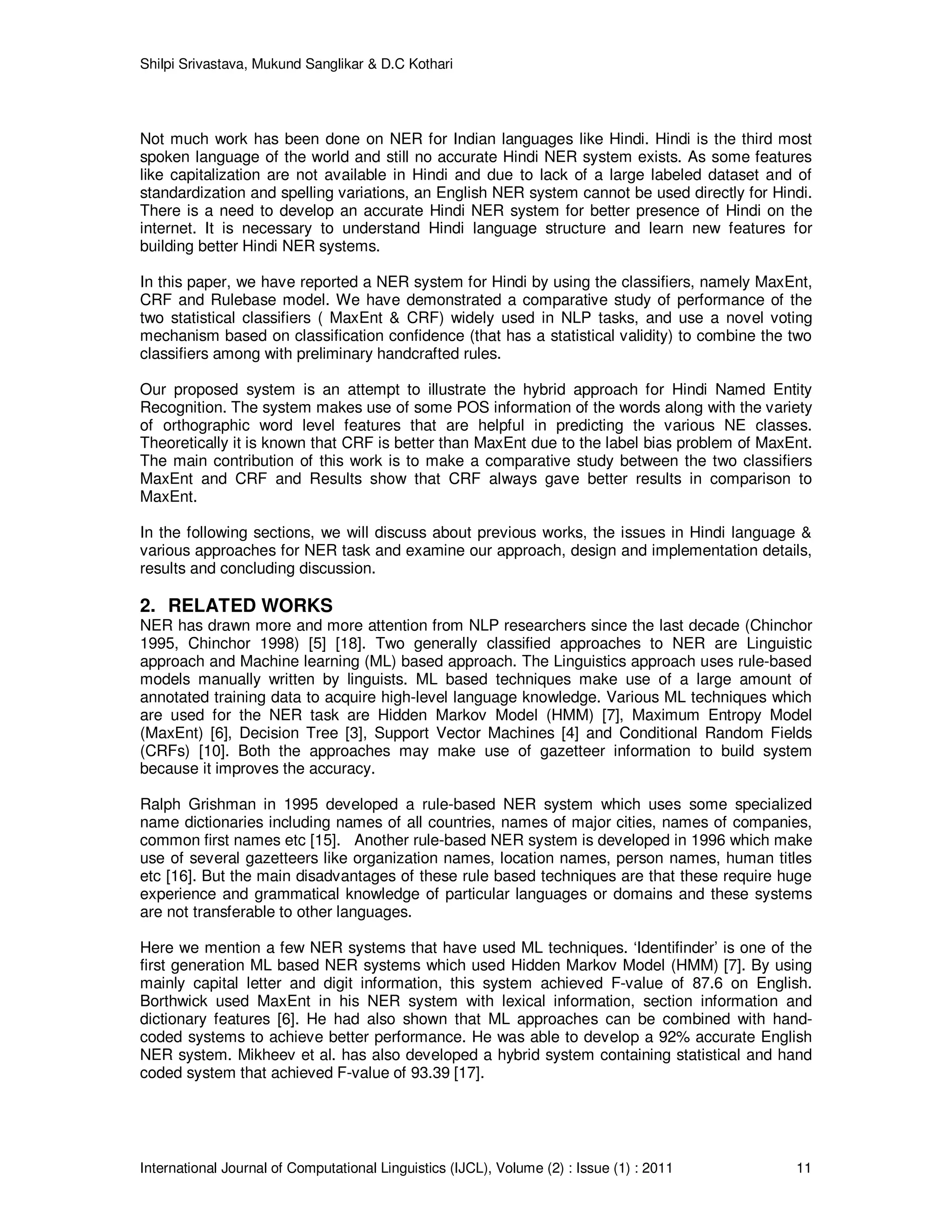 Named Entity Recognition System for Hindi Language: A Hybrid Approach | PDF | Databases ...