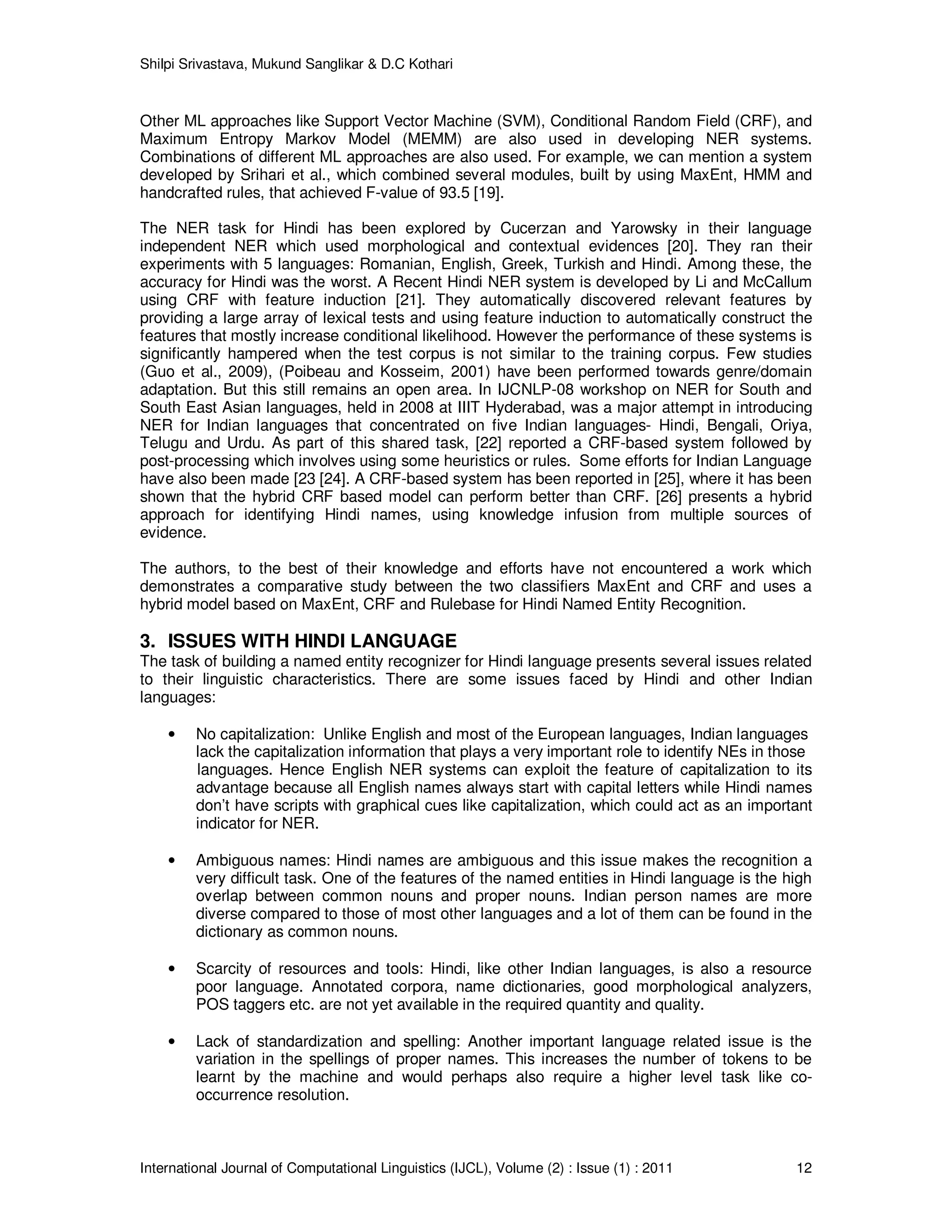 Named Entity Recognition System for Hindi Language: A Hybrid Approach | PDF | Databases ...