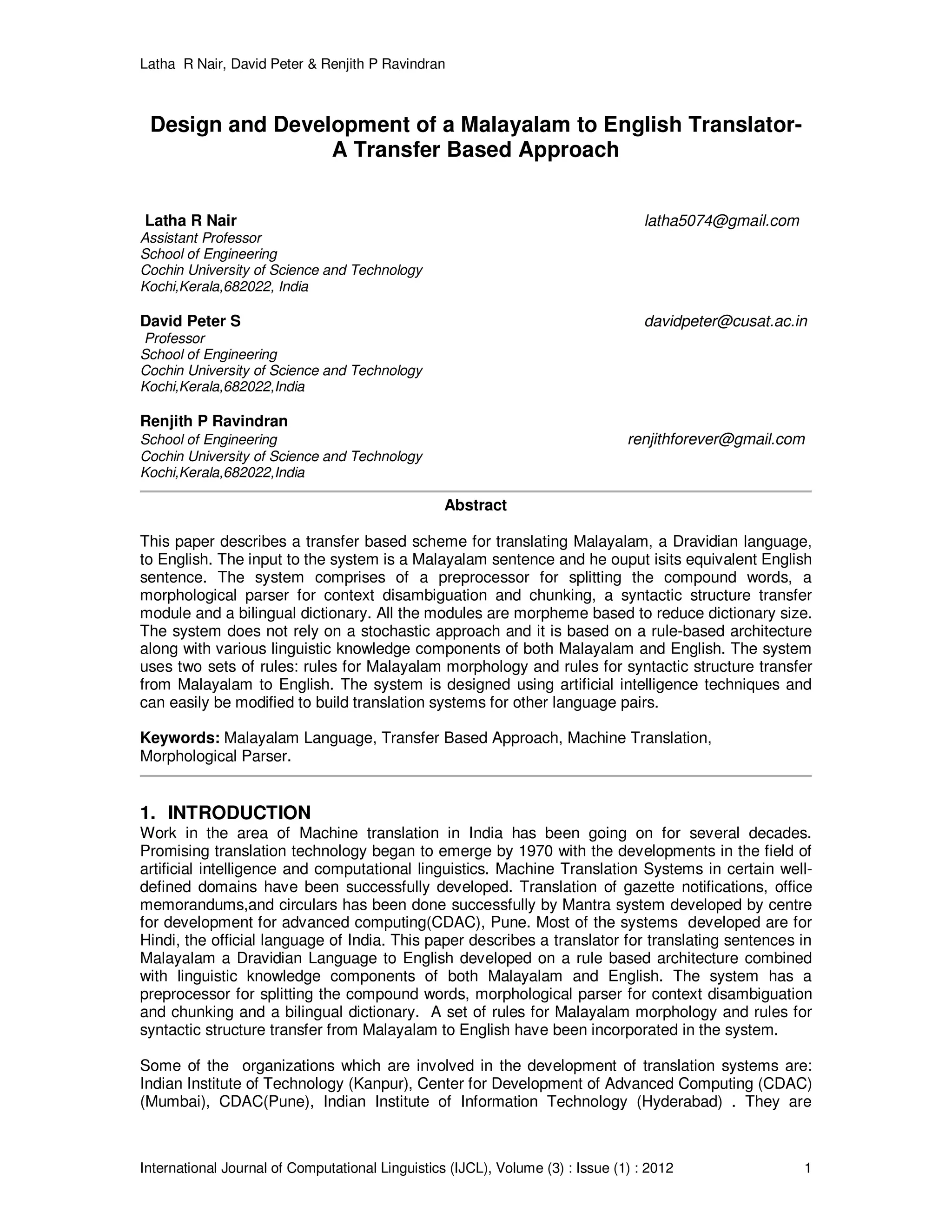 Design and Development of a Malayalam to English Translator- A Transfer ...