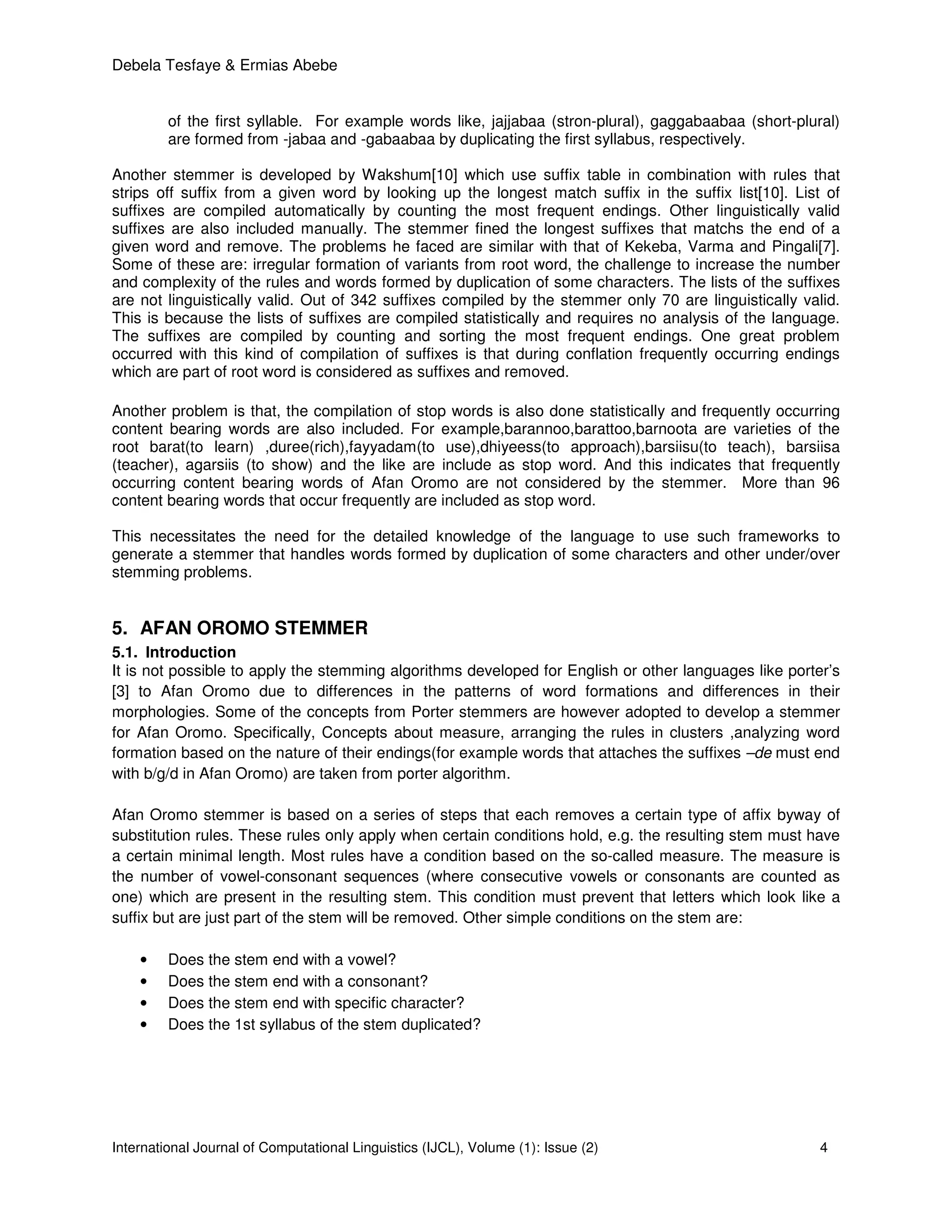 Designing a Rule Based Stemmer for Afaan Oromo Text | PDF