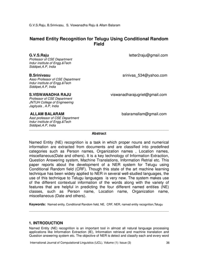 Named Entity Recognition for Telugu Using Conditional Random Field | PDF