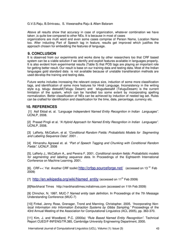 Named Entity Recognition for Telugu Using Conditional Random Field | PDF