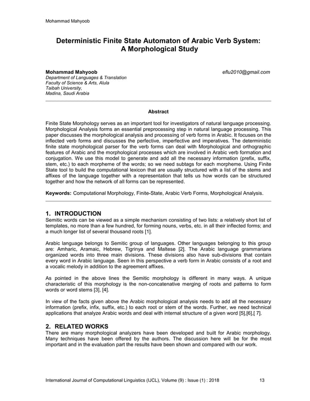Deterministic Finite State Automaton of Arabic Verb System: A Morphological Study | PDF
