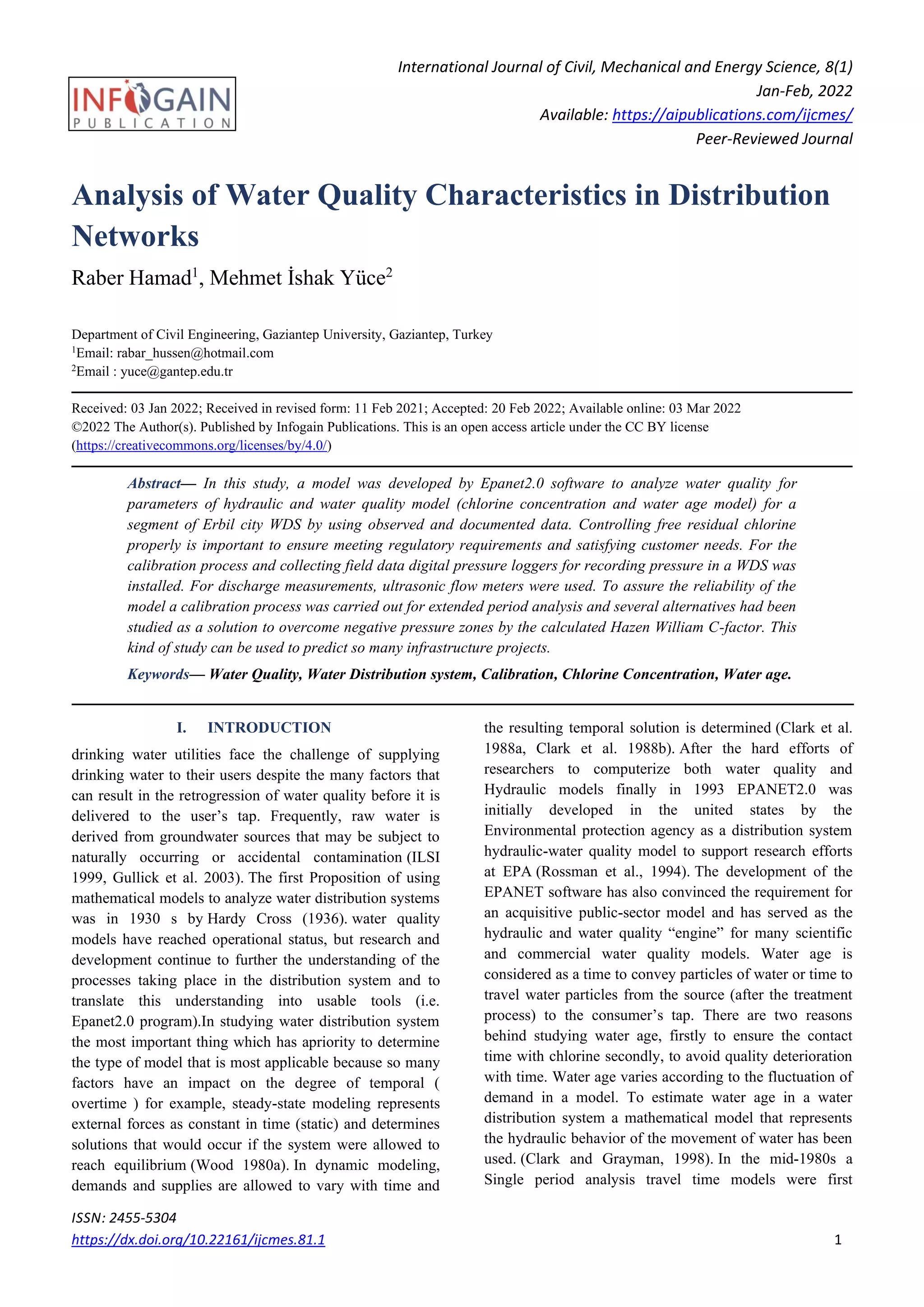 Analysis of Water Quality Characteristics in Distribution Networks | PDF