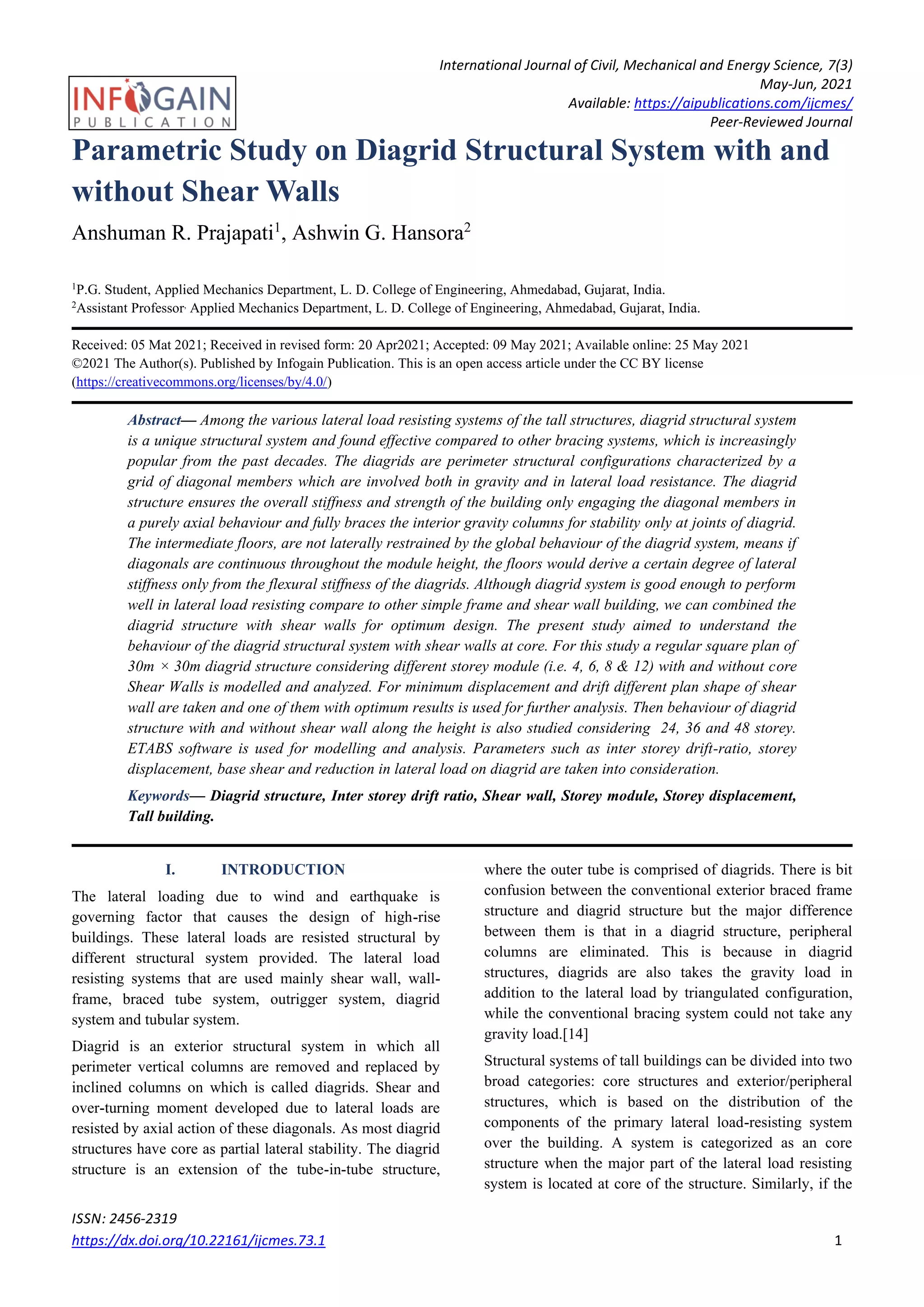 Parametric Study on Diagrid Structural System with and without Shear Walls | PDF