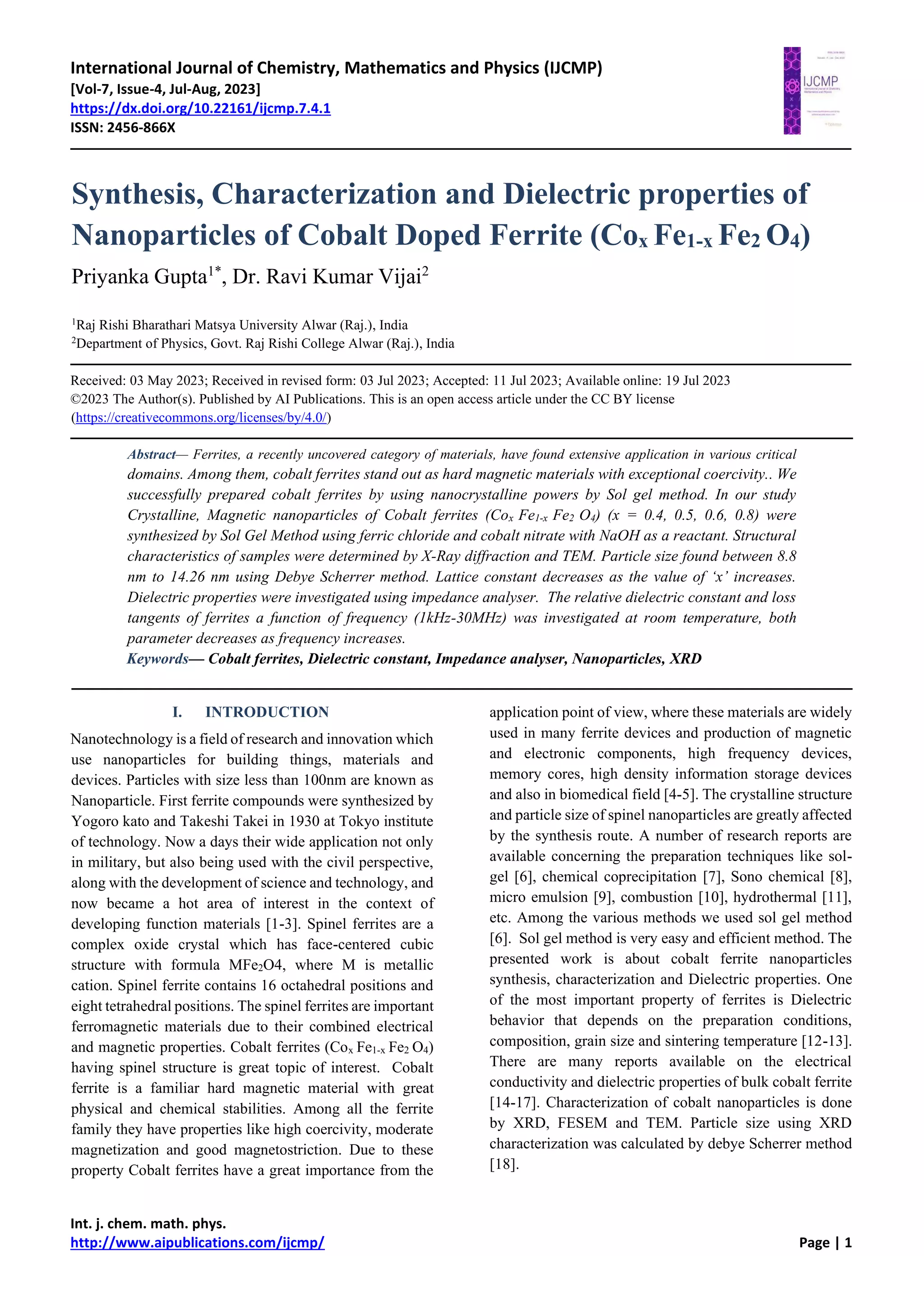 Synthesis, Characterization and Dielectric properties of Nanoparticles of Cobalt Doped Ferrite ...