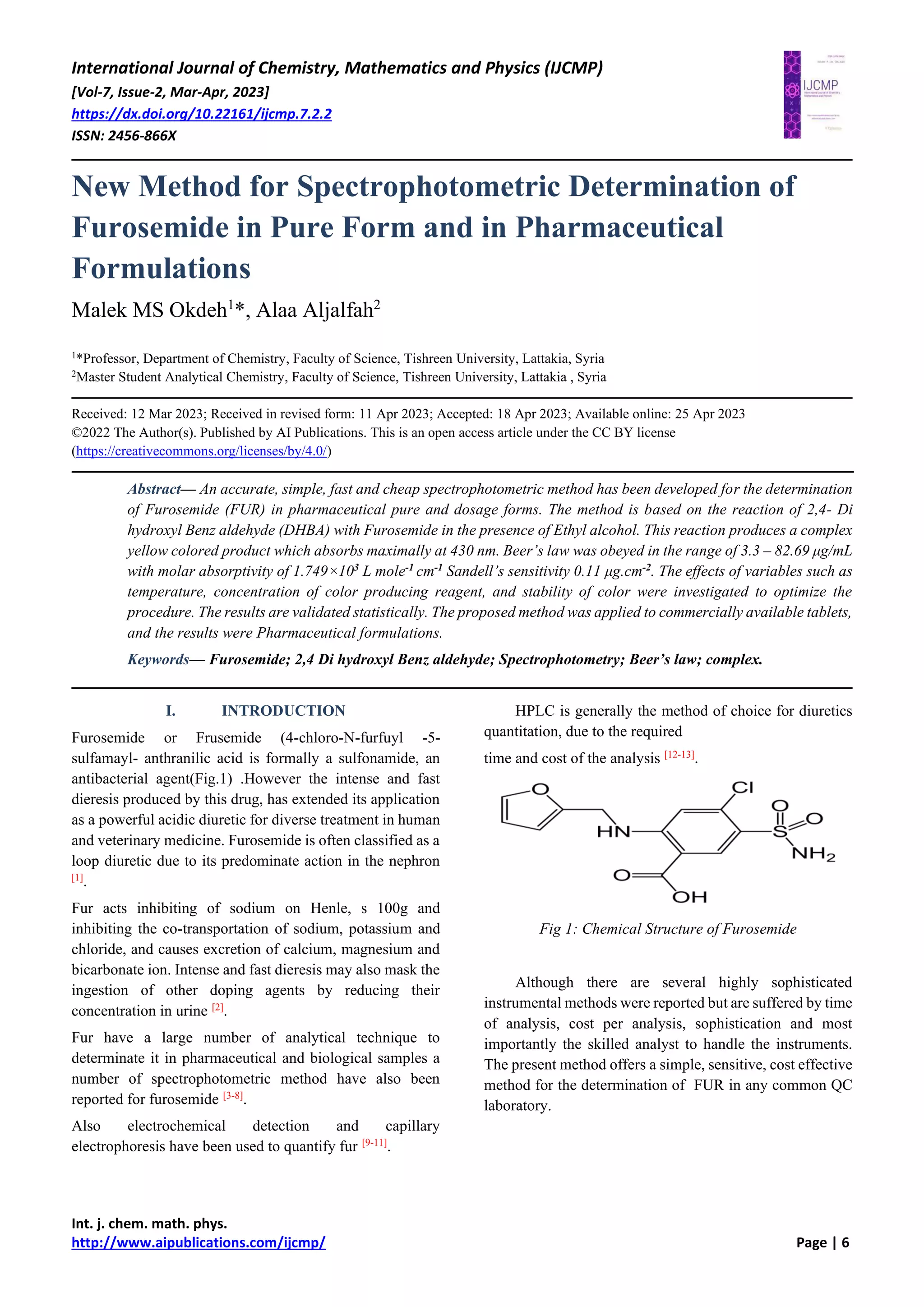 New Method for Spectrophotometric Determination of Furosemide in Pure ...