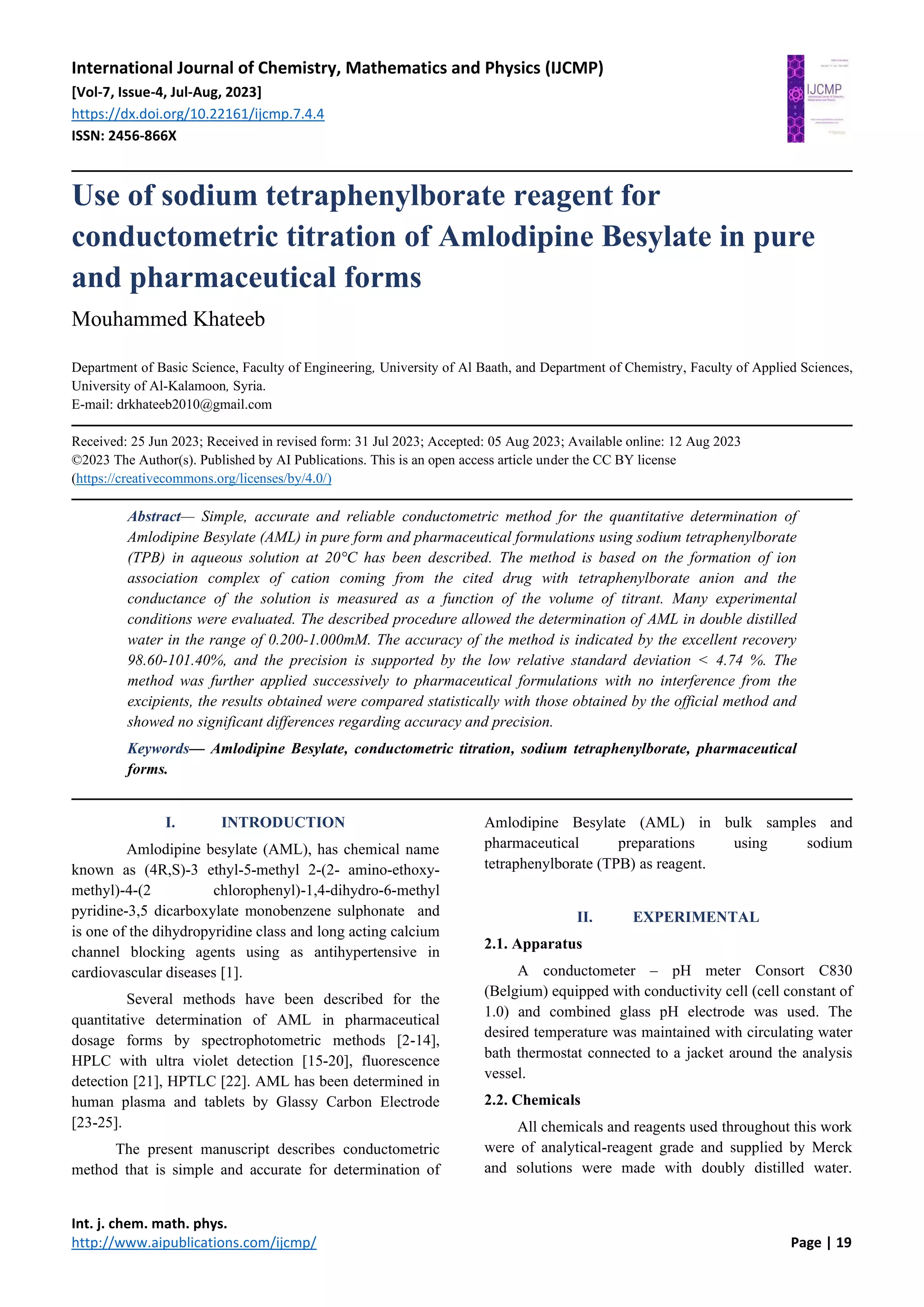 Use of sodium tetraphenylborate reagent for conductometric titration of ...
