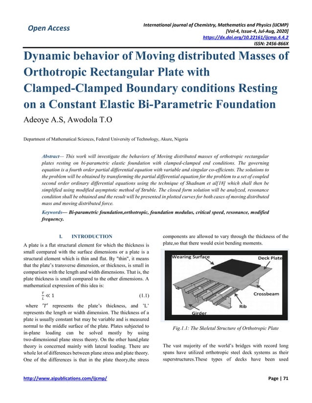 Dynamic behavior of Moving distributed Masses of Orthotropic Rectangular Plate with Clamped ...