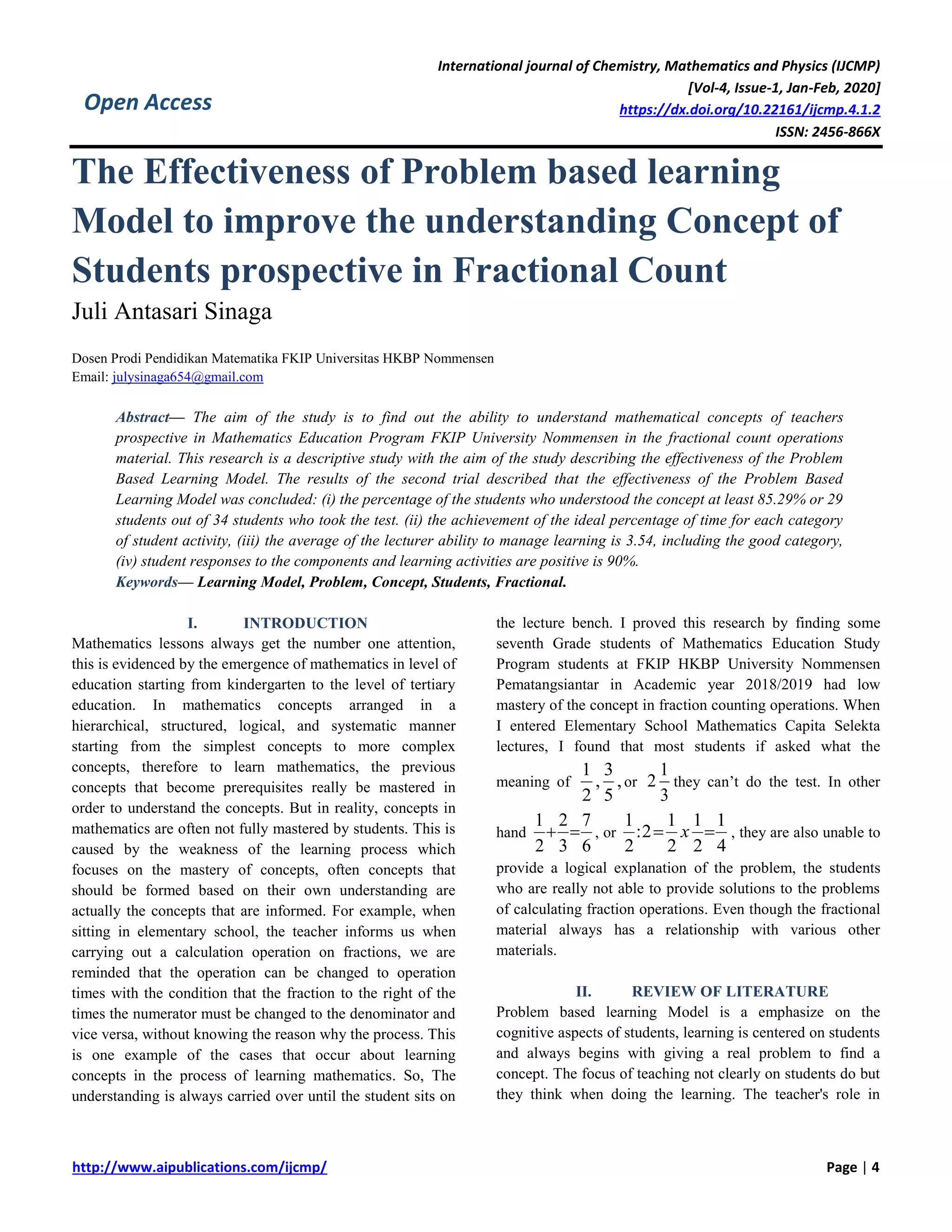 The Effectiveness of Problem based learning Model to improve the understanding Concept of ...