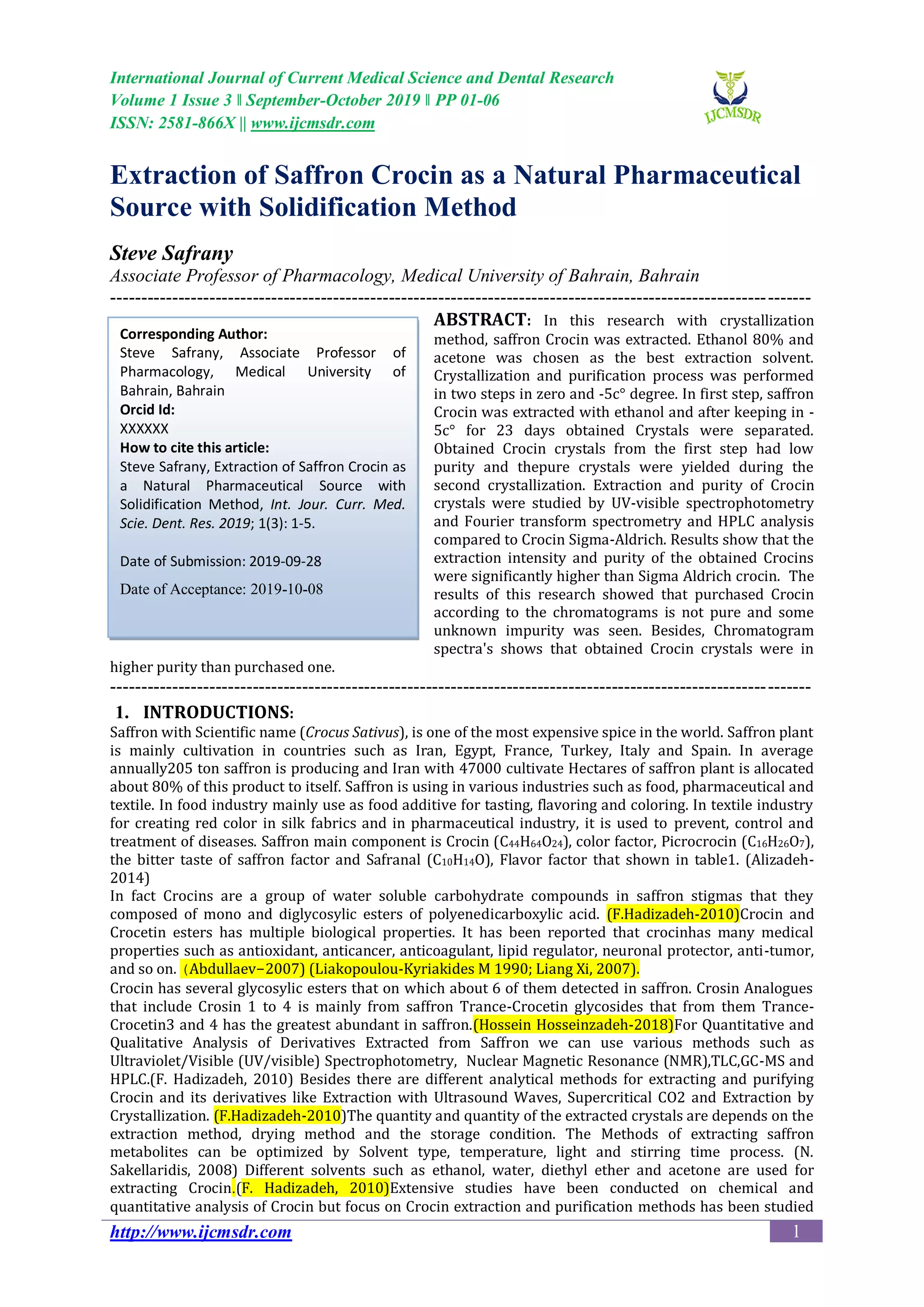 Extraction of Saffron Crocin as a Natural Pharmaceutical Source with ...