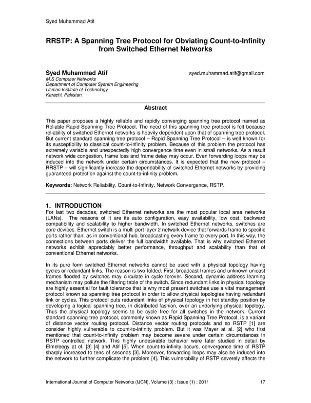 RRSTP: A Spanning Tree Protocol for Obviating Count-to-Infinity from Switched Ethernet Networks ...