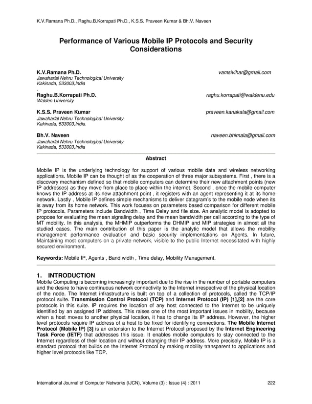 Performance Of Various Mobile Ip Protocols And Security Considerations Pdf Computer