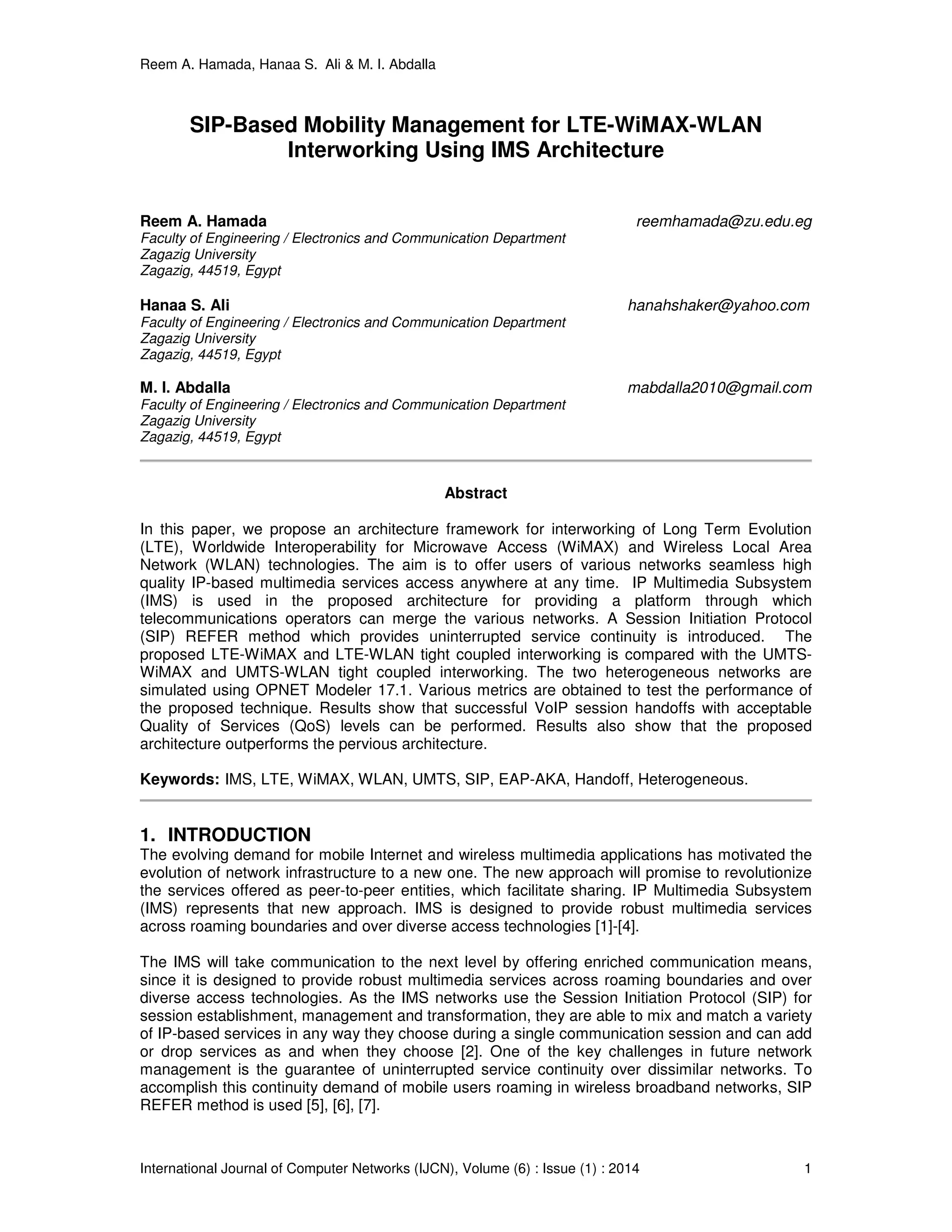 SIP-Based Mobility Management for LTE-WiMAX-WLAN Interworking Using IMS Architecture | PDF