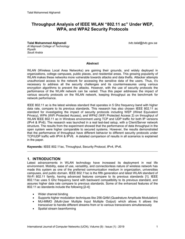 Throughput Analysis Of Ieee Wlan 802 11 Ac Under Wep Wpa And Wpa2