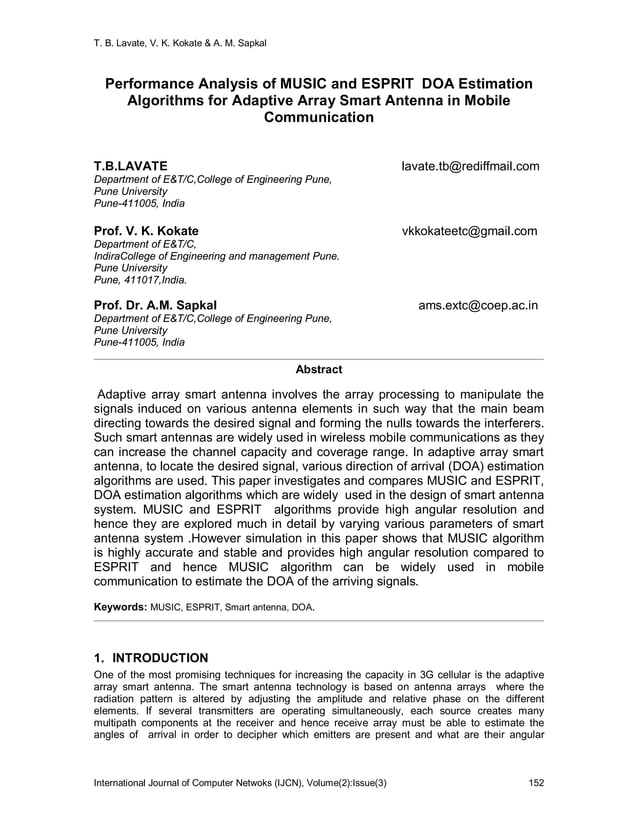 performance analysis of MUSIC and ESPRIT DOA estimation used in adaptive array smart antenna ...