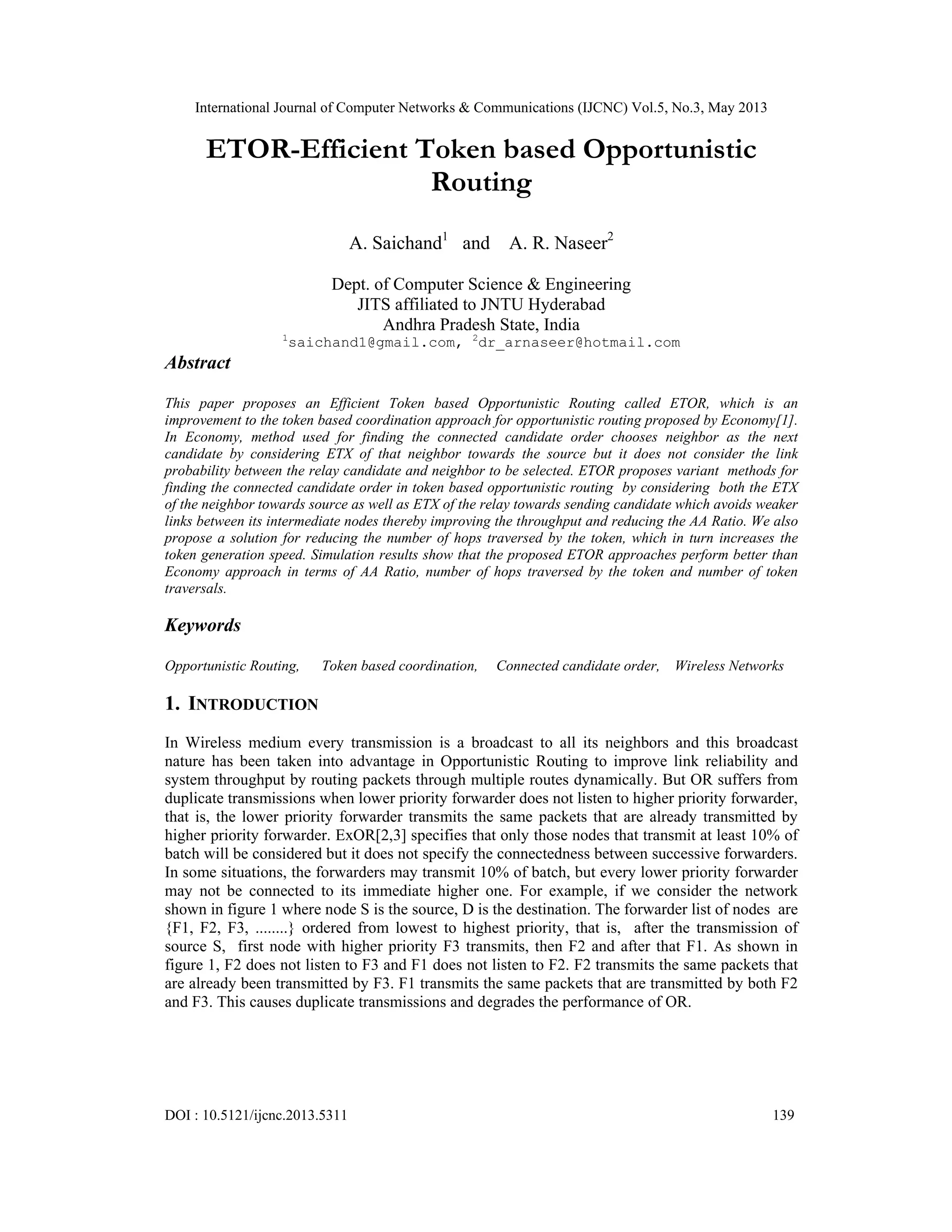 ETOR-Efficient Token based Opportunistic Routing | PDF