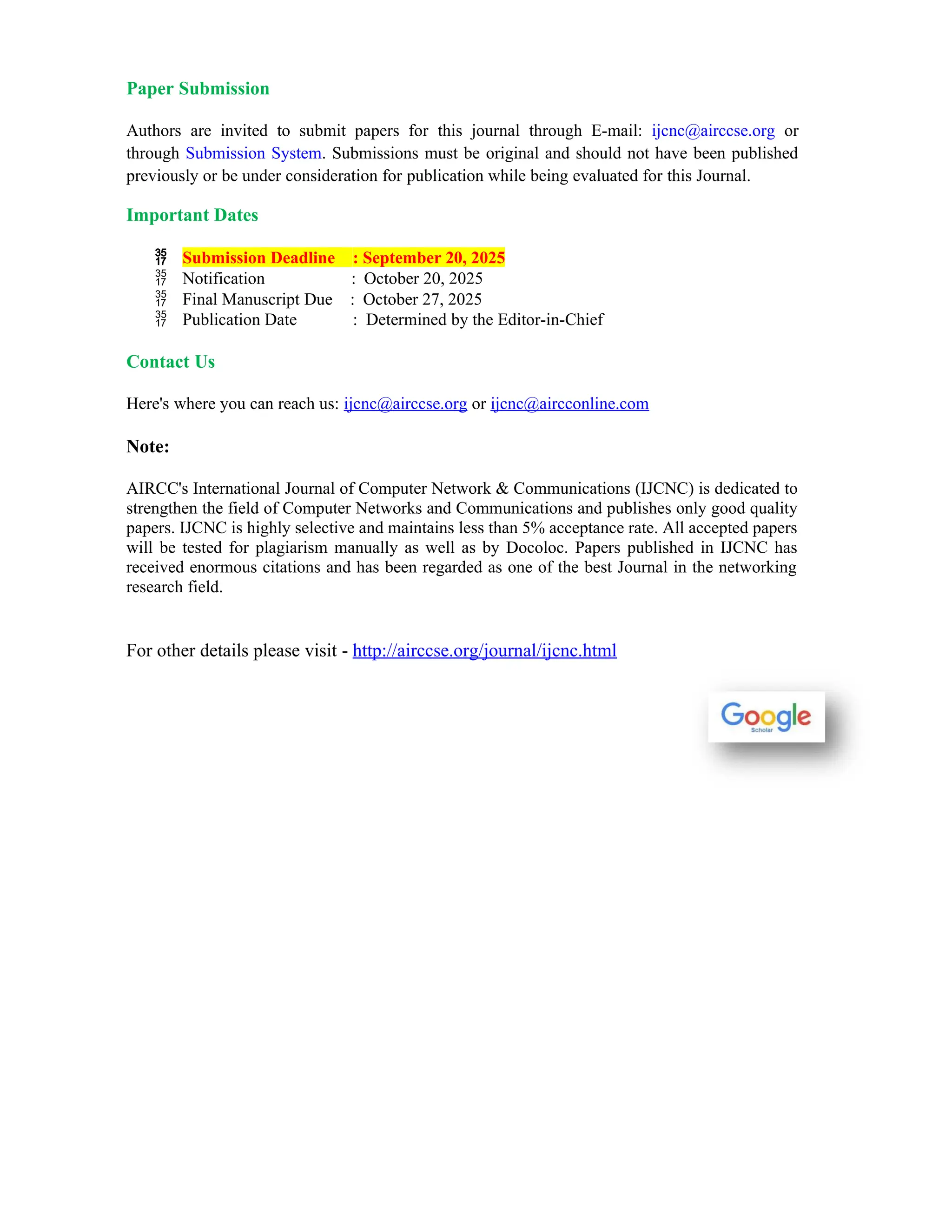 Call For Papers - International Journal of Computer Networks & Communications (IJCNC) | DOCX