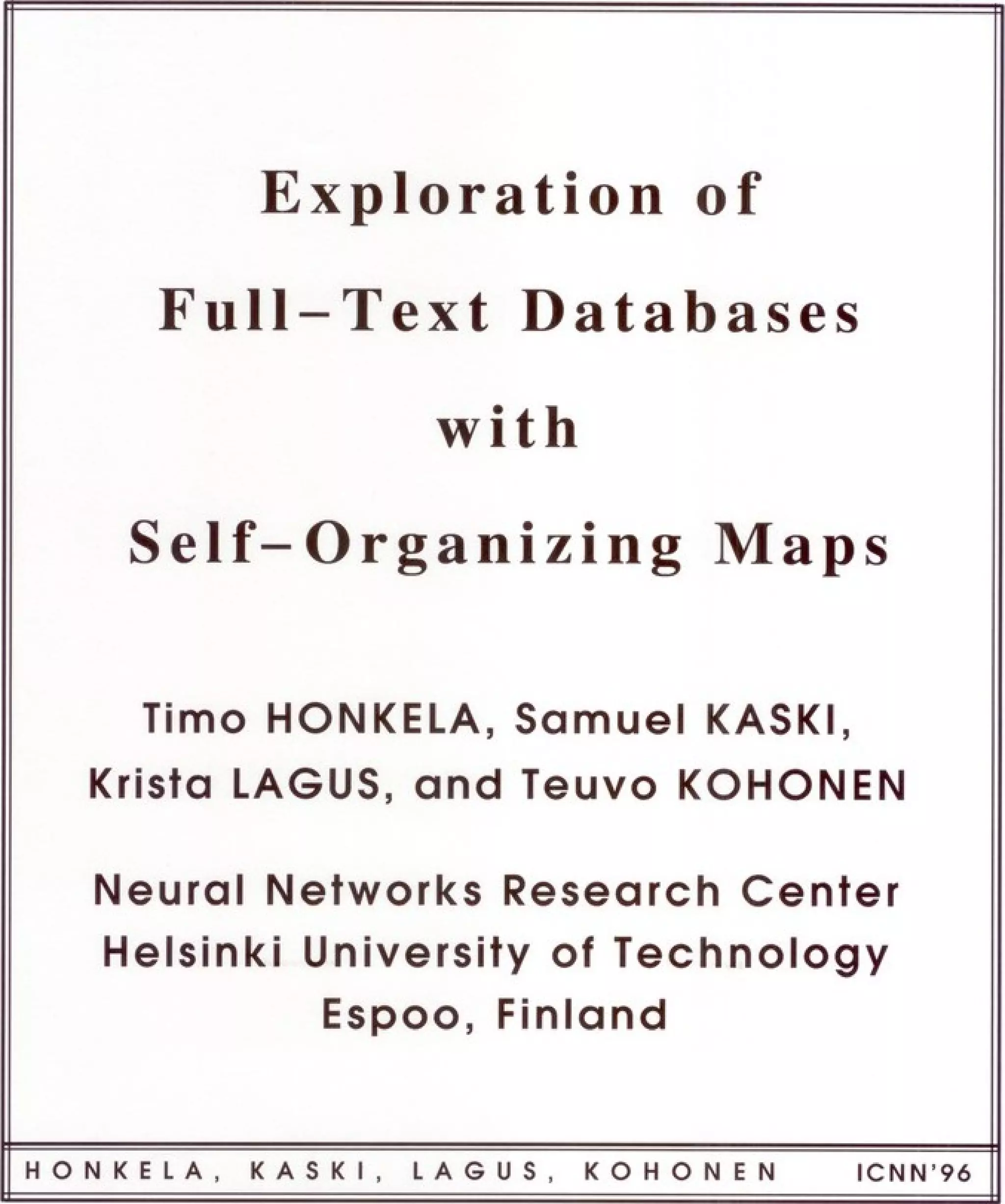 Timo Honkela: Exploration of Full-Text Databases with Self-Organizing Maps - with Samuel Kaski ...