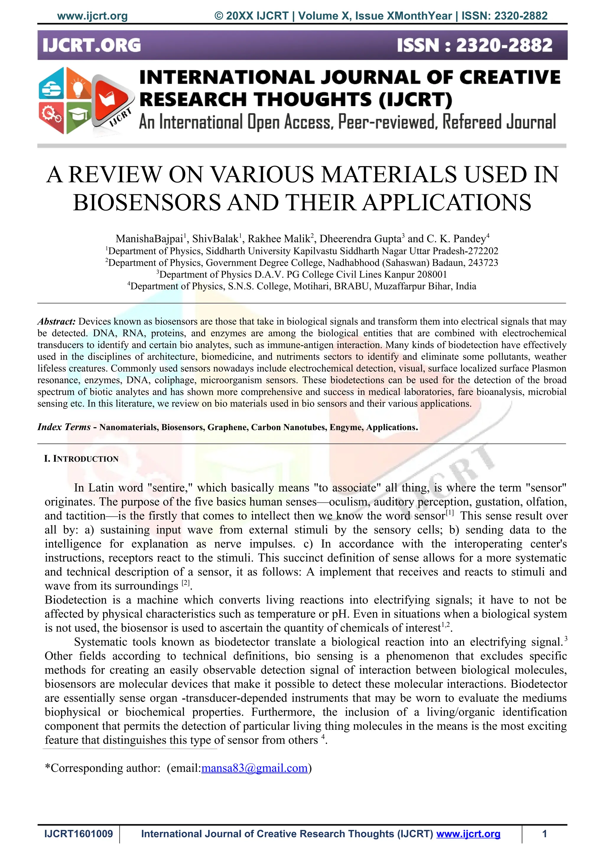 A REVIEW ON VARIOUS MATERIALS USED IN BIOSENSORS AND THEIR APPLICATIONS | DOCX