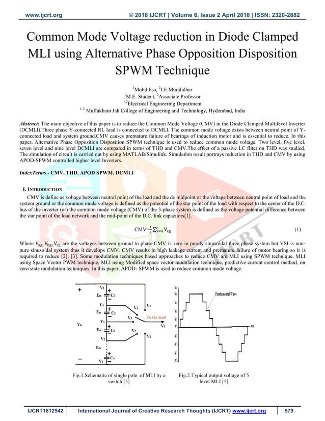 Common Mode Voltage reduction in Diode Clamped MLI using Alternative Phase Opposition ...