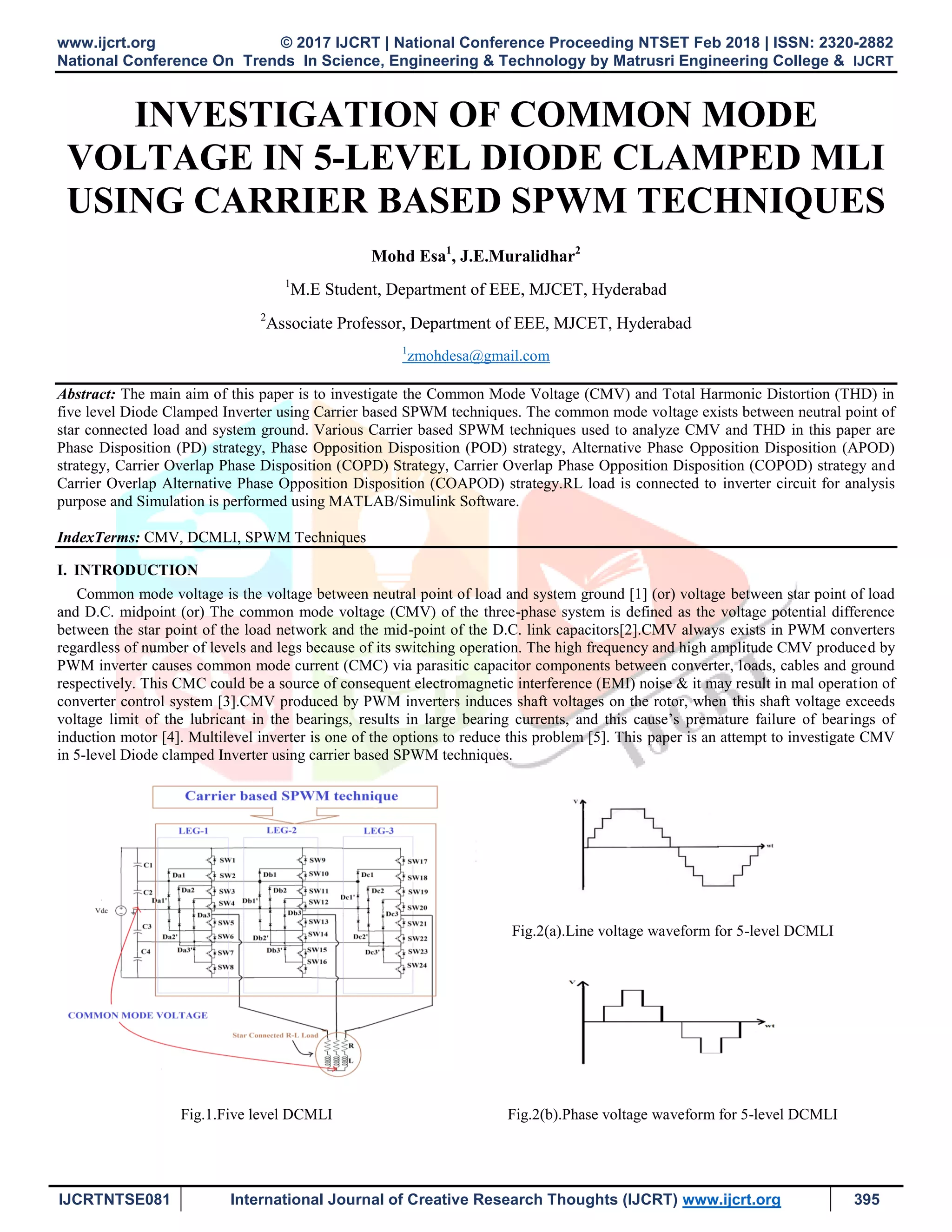 INVESTIGATION OF COMMON MODE VOLTAGE IN 5-LEVEL DIODE CLAMPED MLI USING CARRIER BASED SPWM ...