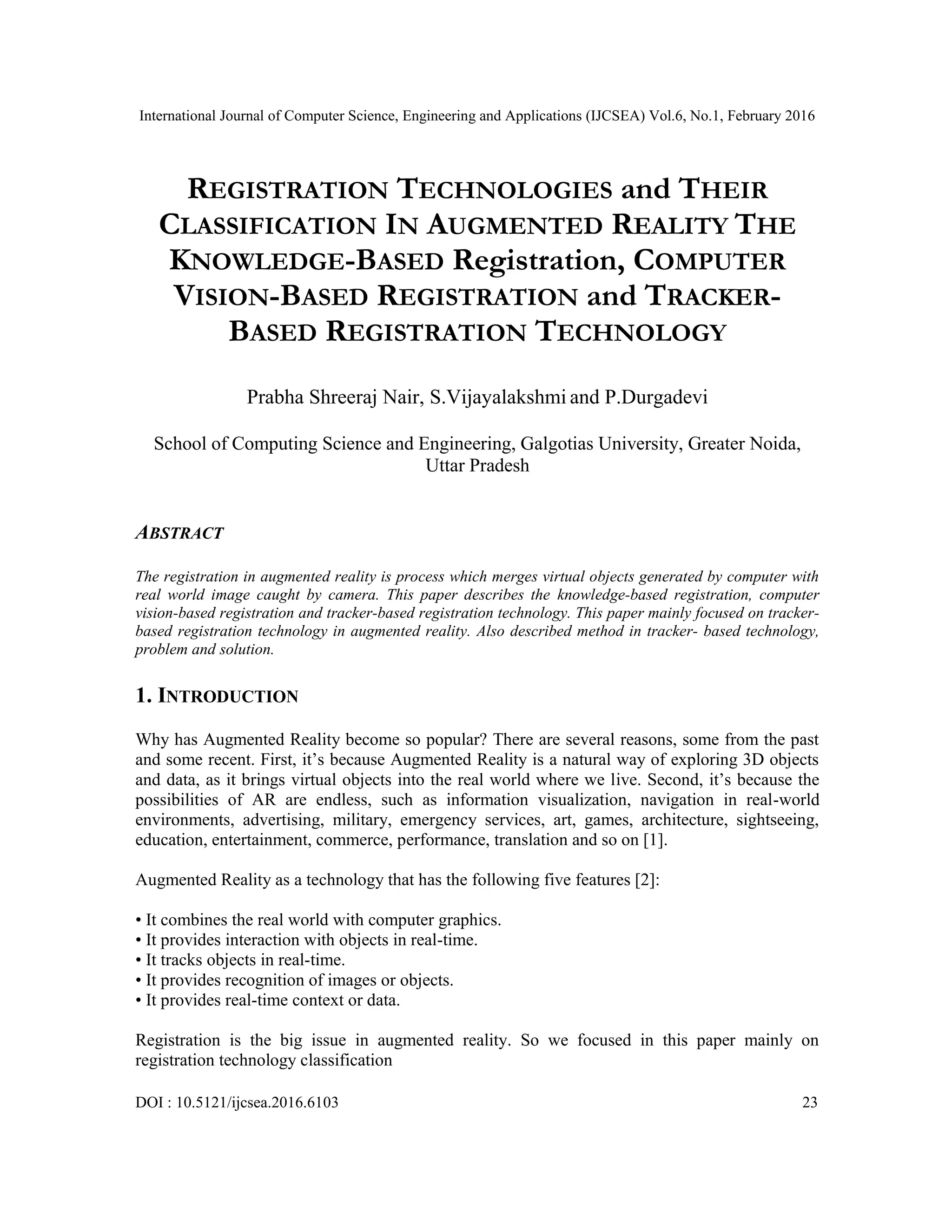 REGISTRATION TECHNOLOGIES and THEIR CLASSIFICATION IN AUGMENTED REALITY THE KNOWLEDGE-BASED ...