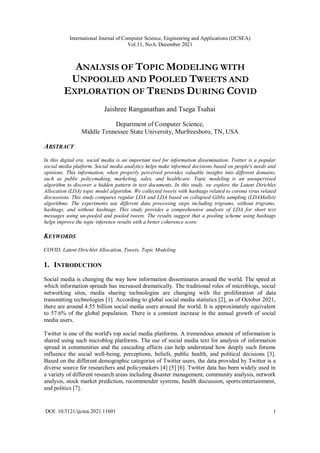 Analysis of Topic Modeling with Unpooled and Pooled Tweets and Exploration of Trends during ...