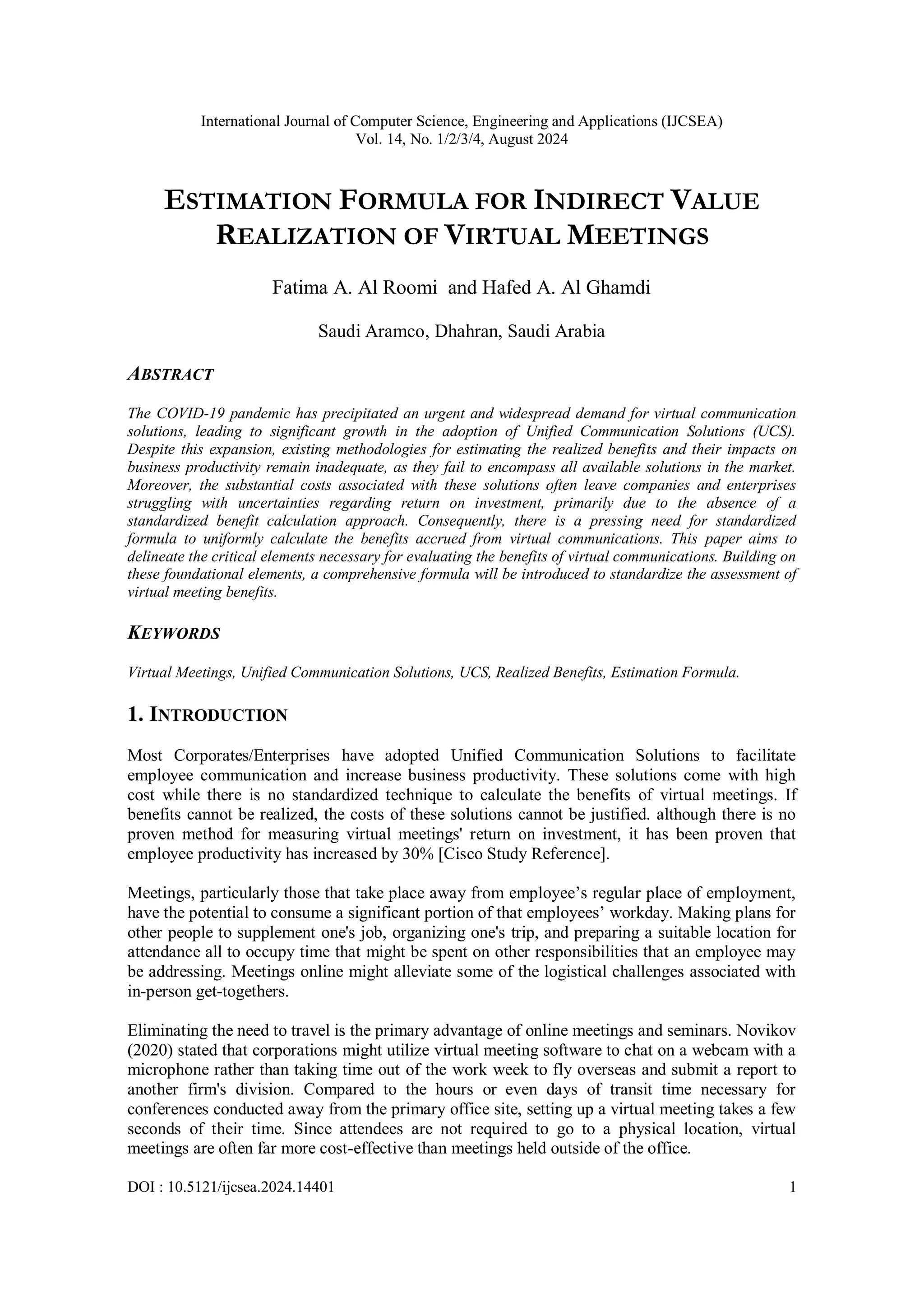 Estimation Formula for Indirect Value Realization of Virtual Meetings | PDF