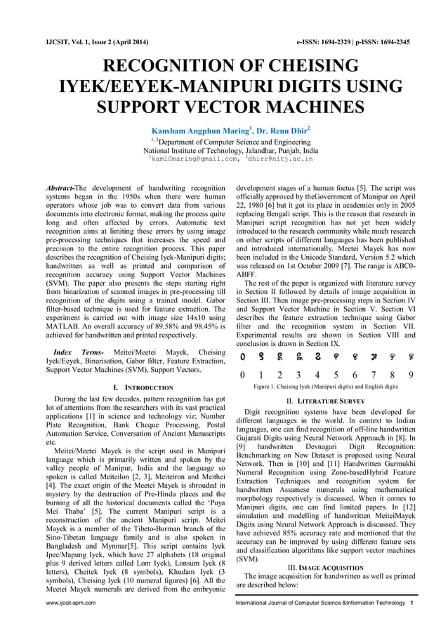 RECOGNITION OF CHEISING IYEK/EEYEK-MANIPURI DIGITS USING SUPPORT VECTOR MACHINES | PDF