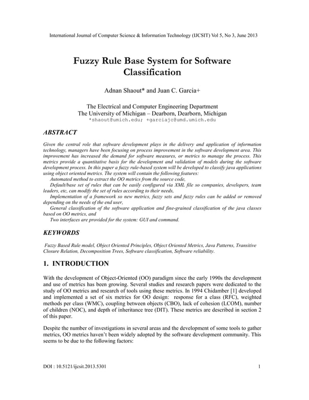 Fuzzy Rule Base System for Software Classification | PDF