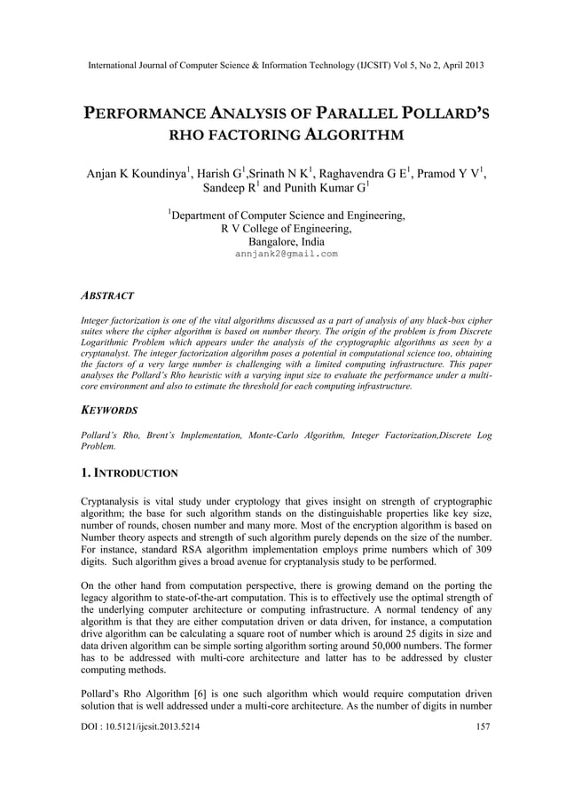 PERFORMANCE ANALYSIS OF PARALLEL POLLARD’S RHO FACTORING ALGORITHM | PDF