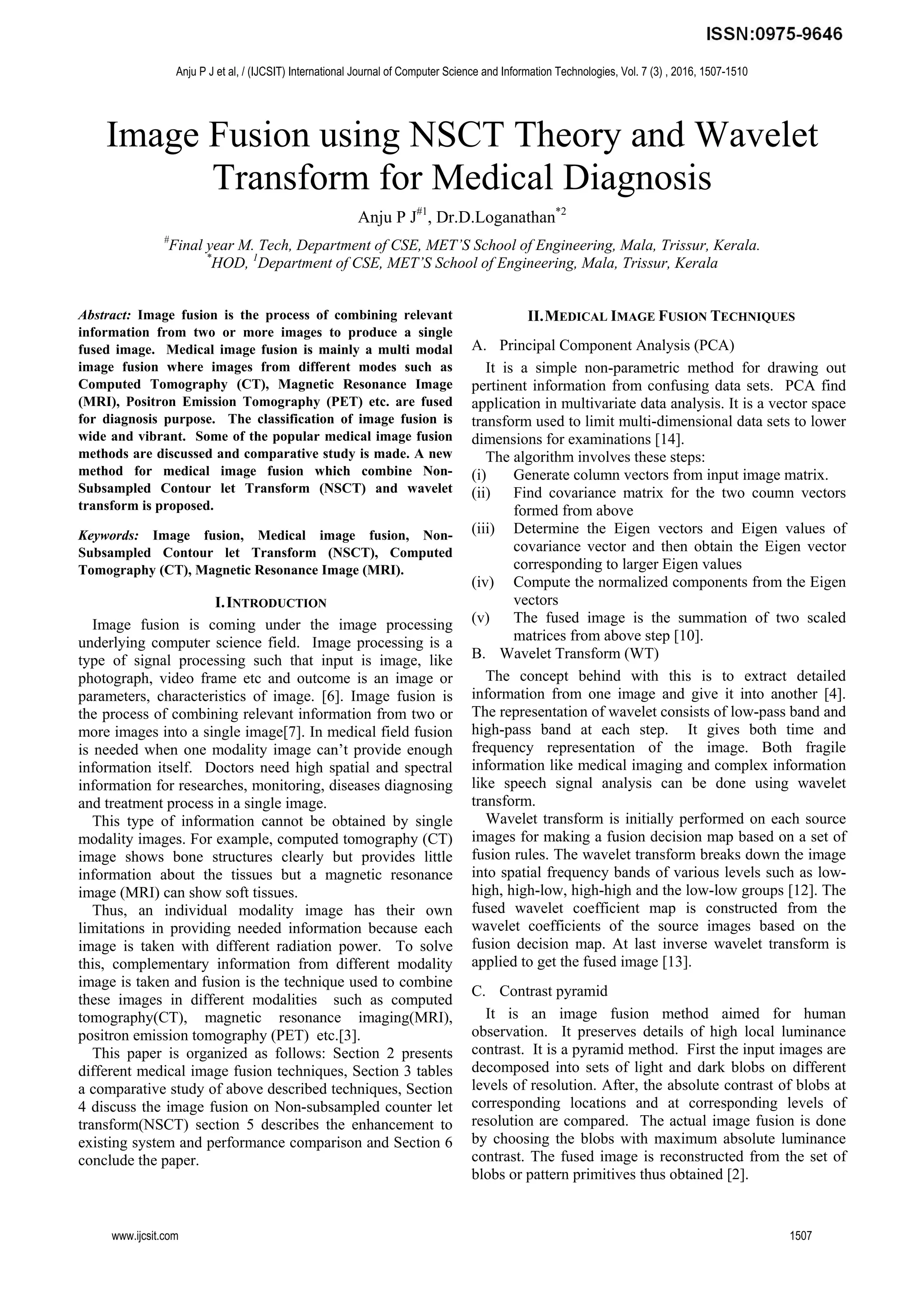 Medical image fusion based on NSCT and wavelet transform | PDF