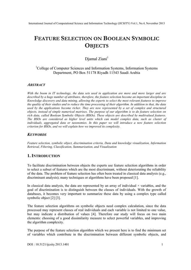 FEATURE SELECTION ON BOOLEAN SYMBOLIC OBJECTS | PDF