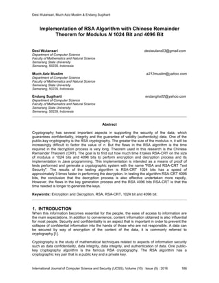 Implementation of RSA Algorithm with Chinese Remainder Theorem for Modulus N 1024 Bit and 4096 ...