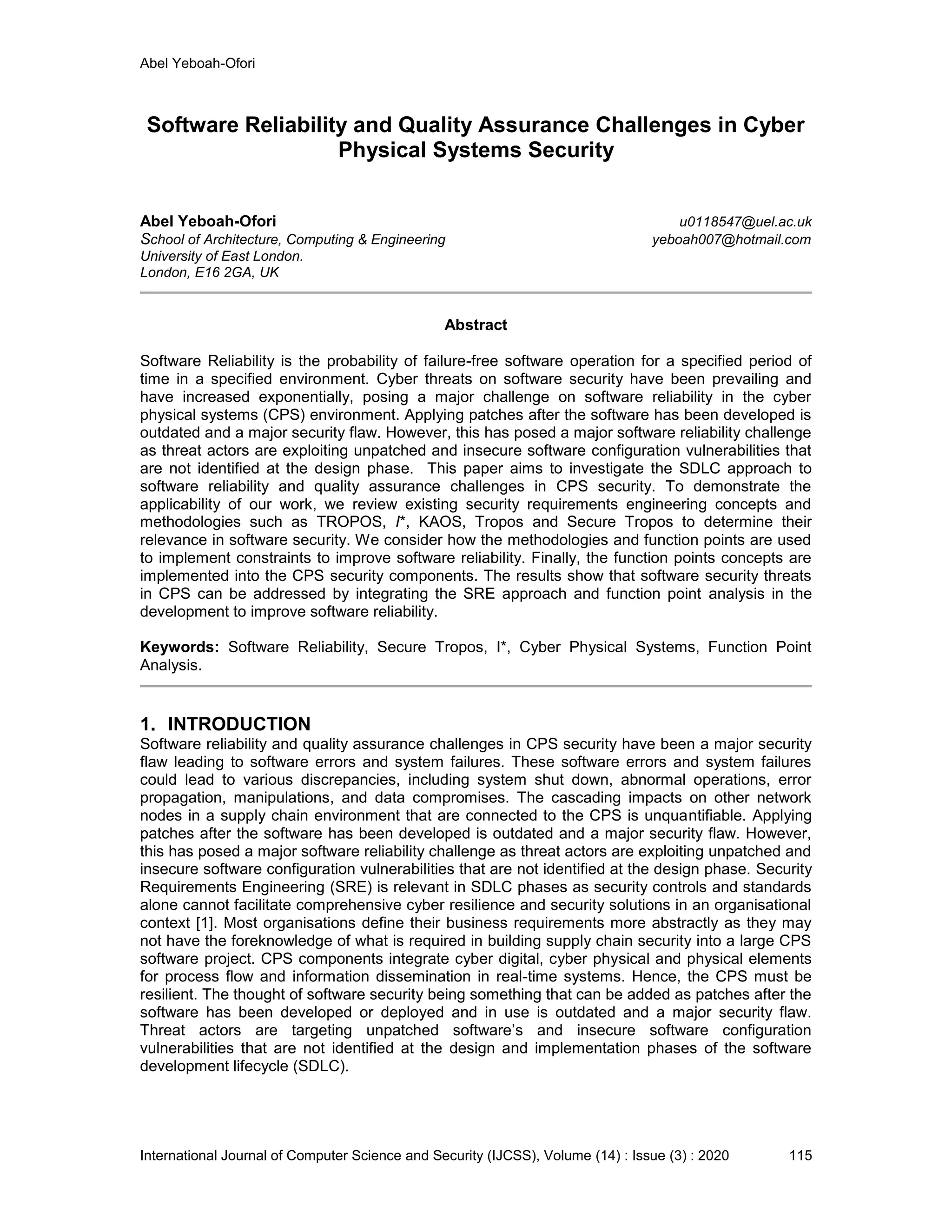 Software Reliability and Quality Assurance Challenges in Cyber Physical Systems Security | PDF