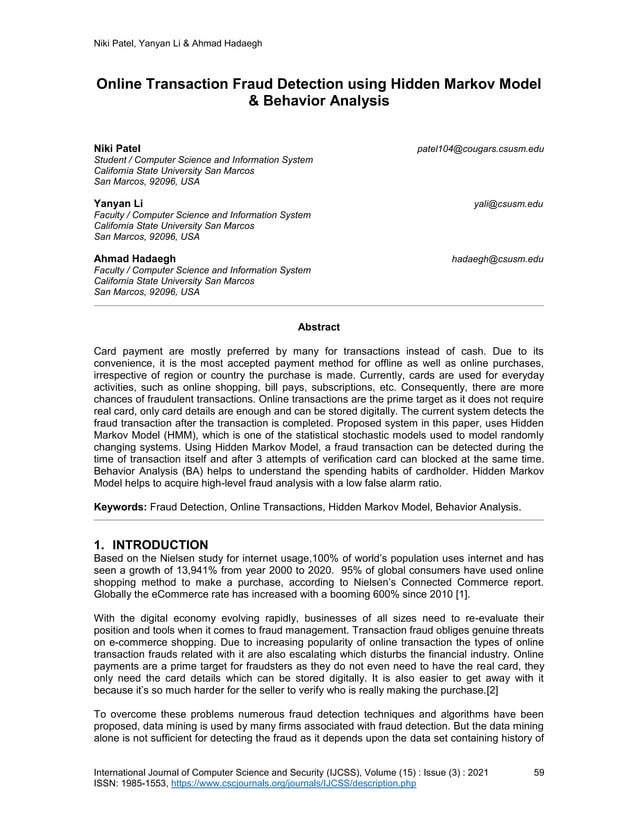 Online Transaction Fraud Detection using Hidden Markov Model & Behavior Analysis | PDF