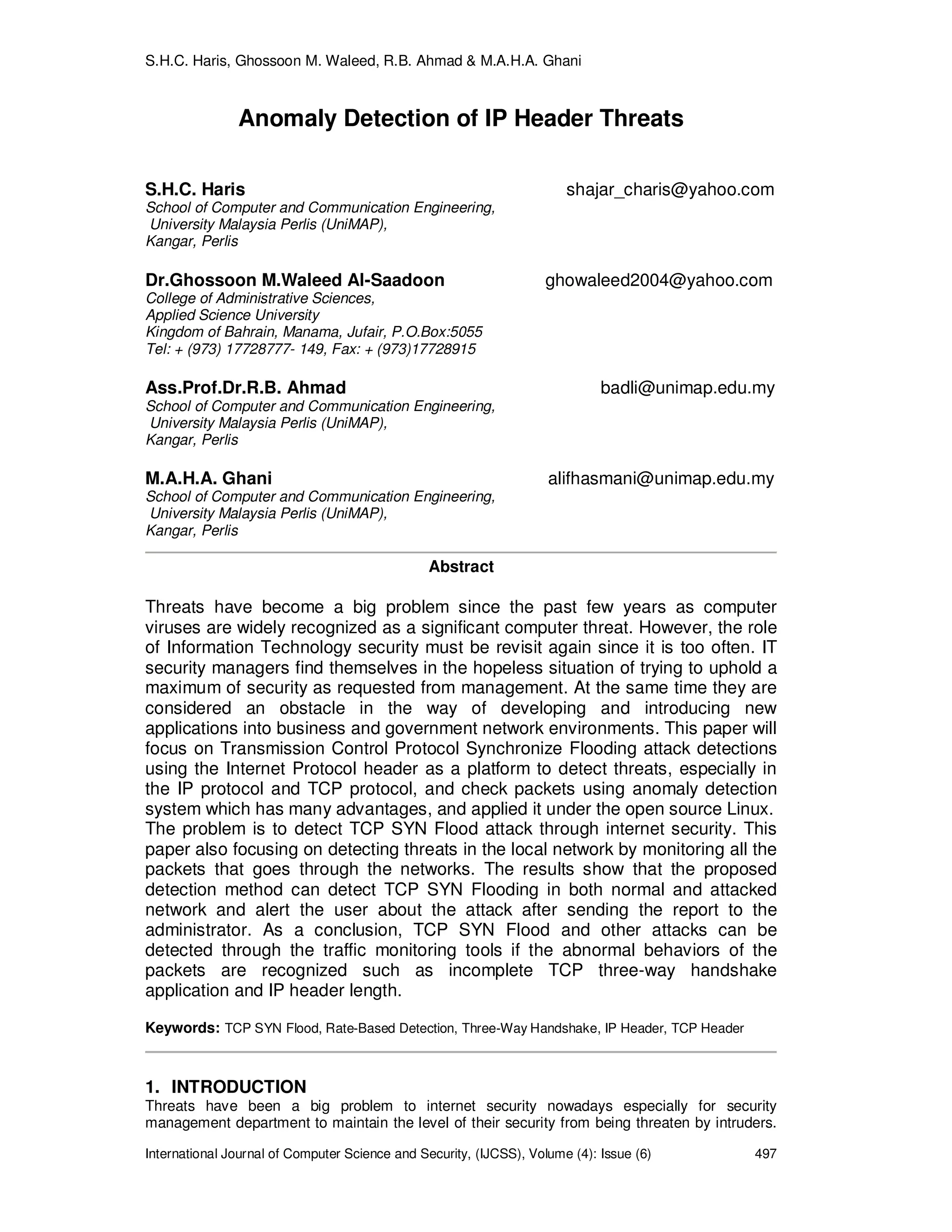 Anomaly Detection Of Ip Header Threats Pdf