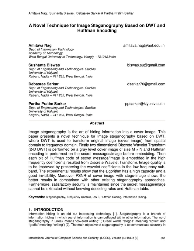 A Novel Technique for Image Steganography Based on DWT and Huffman Encoding | PDF