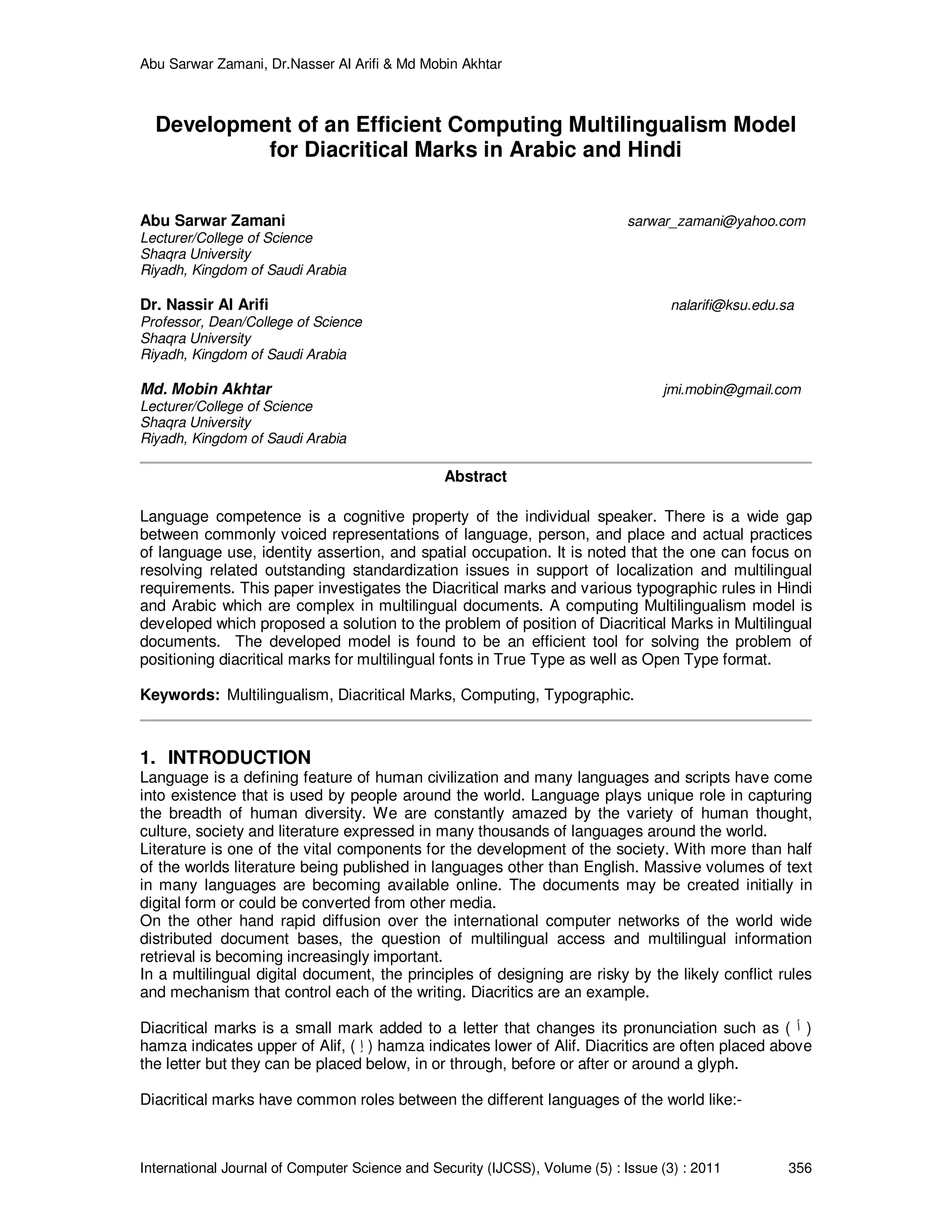 Development of an Efficient Computing Multilingualism Model for Diacritical Marks in Arabic and ...