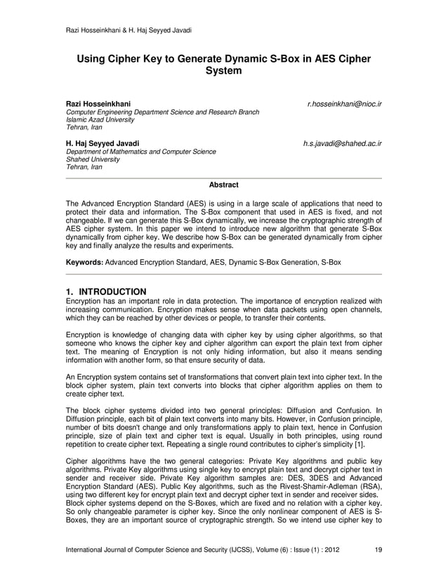 Using Cipher Key to Generate Dynamic S-Box in AES Cipher System | PDF