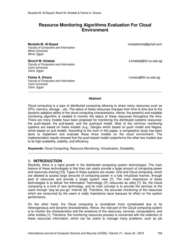 Resource Monitoring Algorithms Evaluation For Cloud Environment | PDF