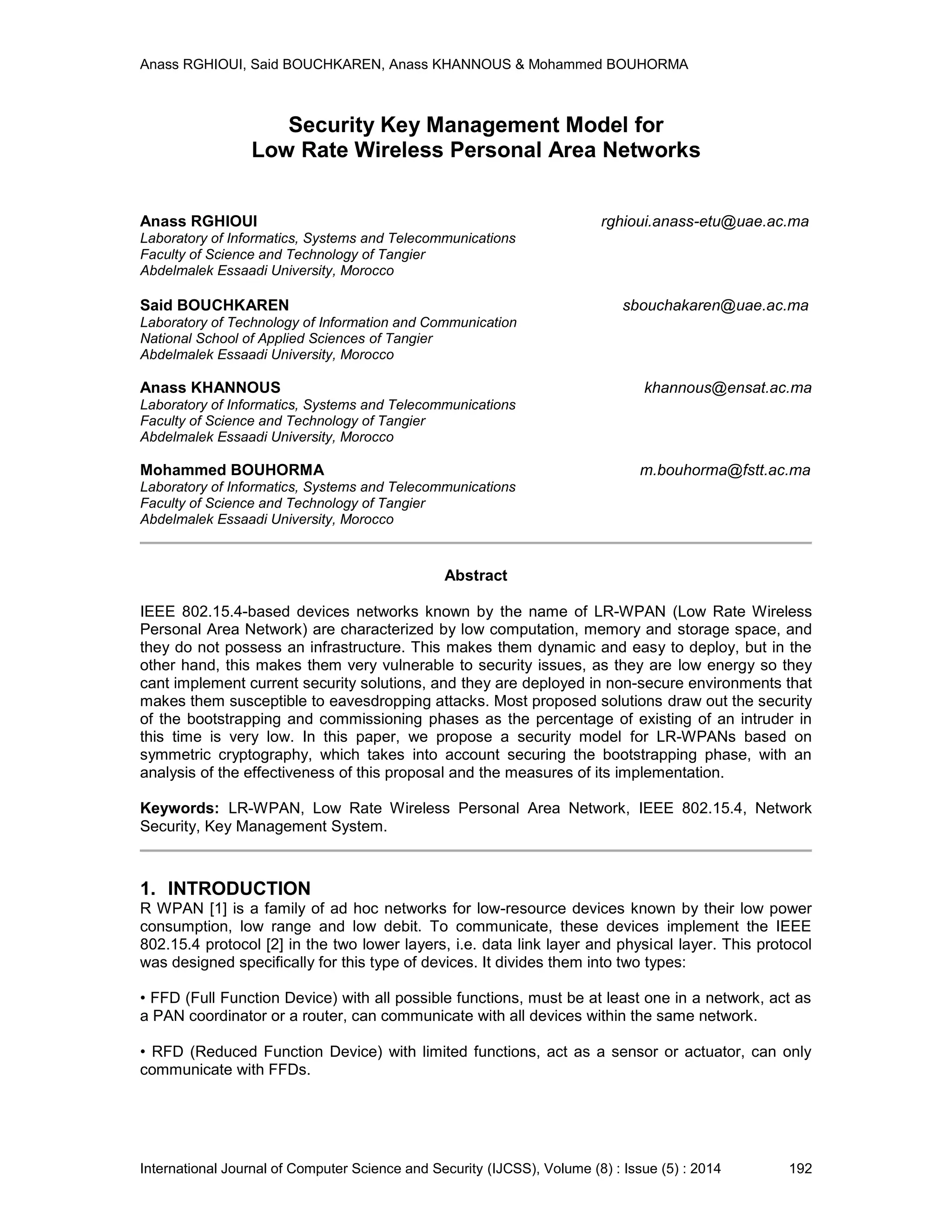 Security Key Management Model for Low Rate Wireless Personal Area Networks | PDF