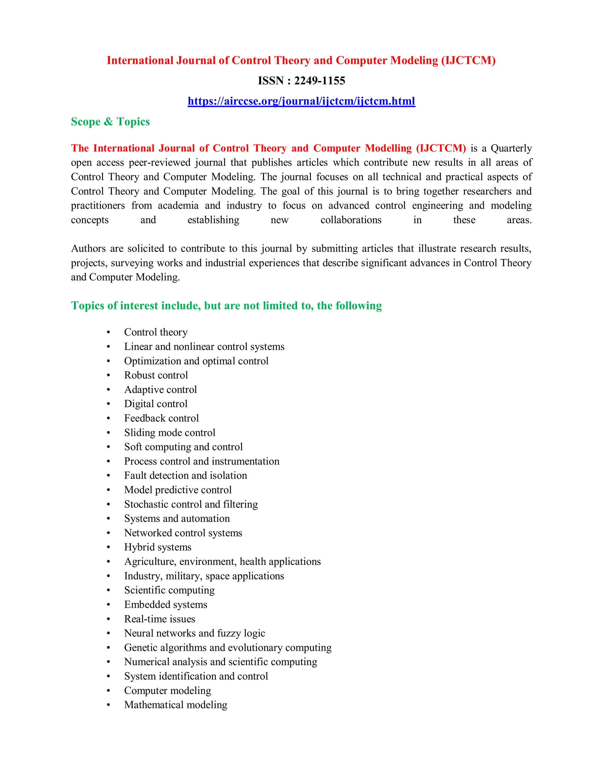 International Journal of Control Theory and Computer Modeling (IJCTCM ...