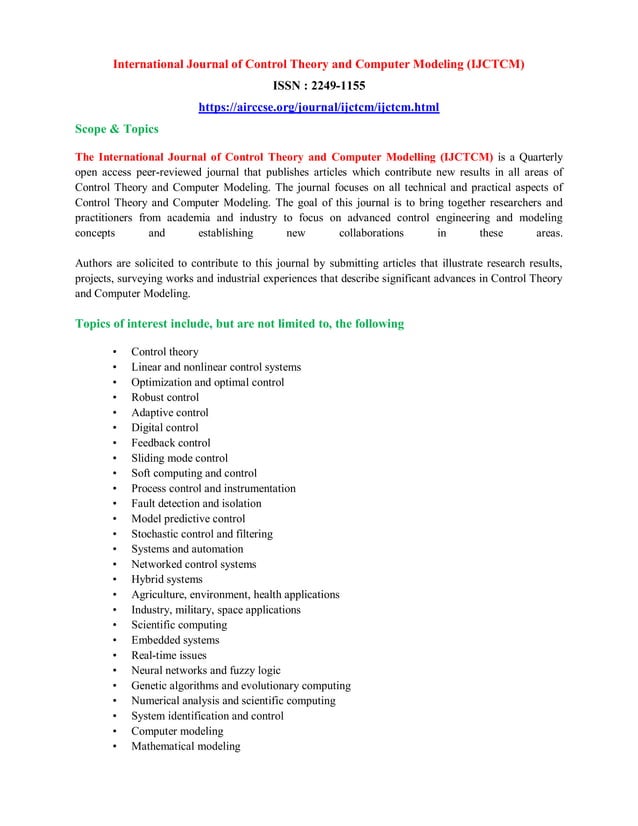 International Journal of Control Theory and Computer Modeling (IJCTCM ...