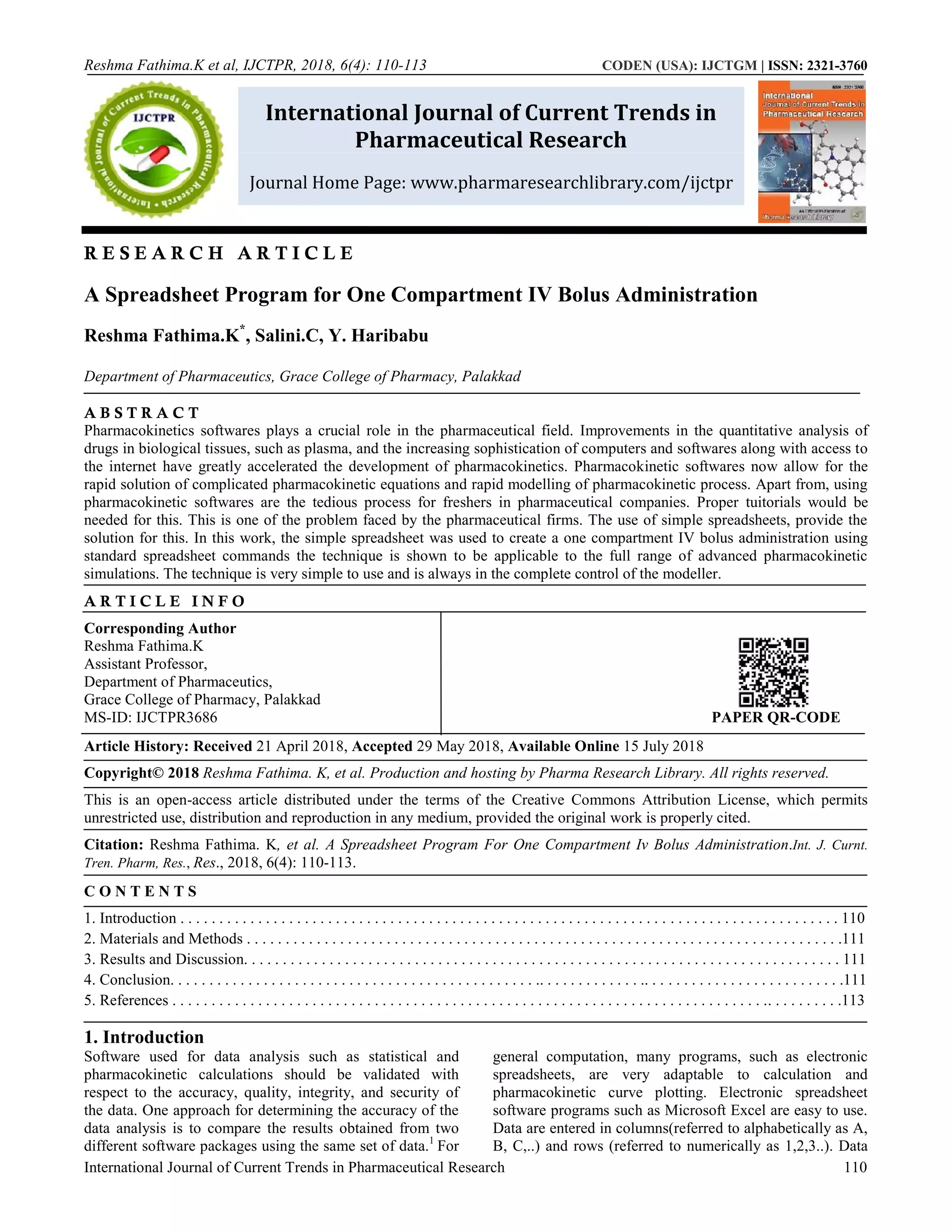 A SPREADSHEET PROGRAM FOR ONE COMPARTMENT IV BOLUS ADMINISTRATION | PDF