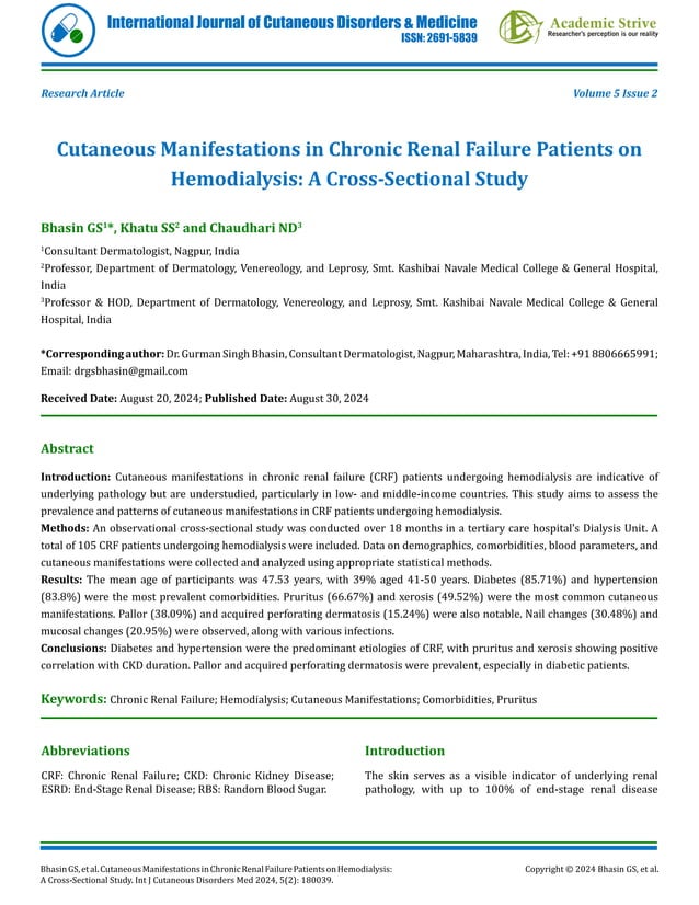 Cutaneous Manifestations in Chronic Renal Failure Patients on Hemodialysis: A Cross-Sectional ...