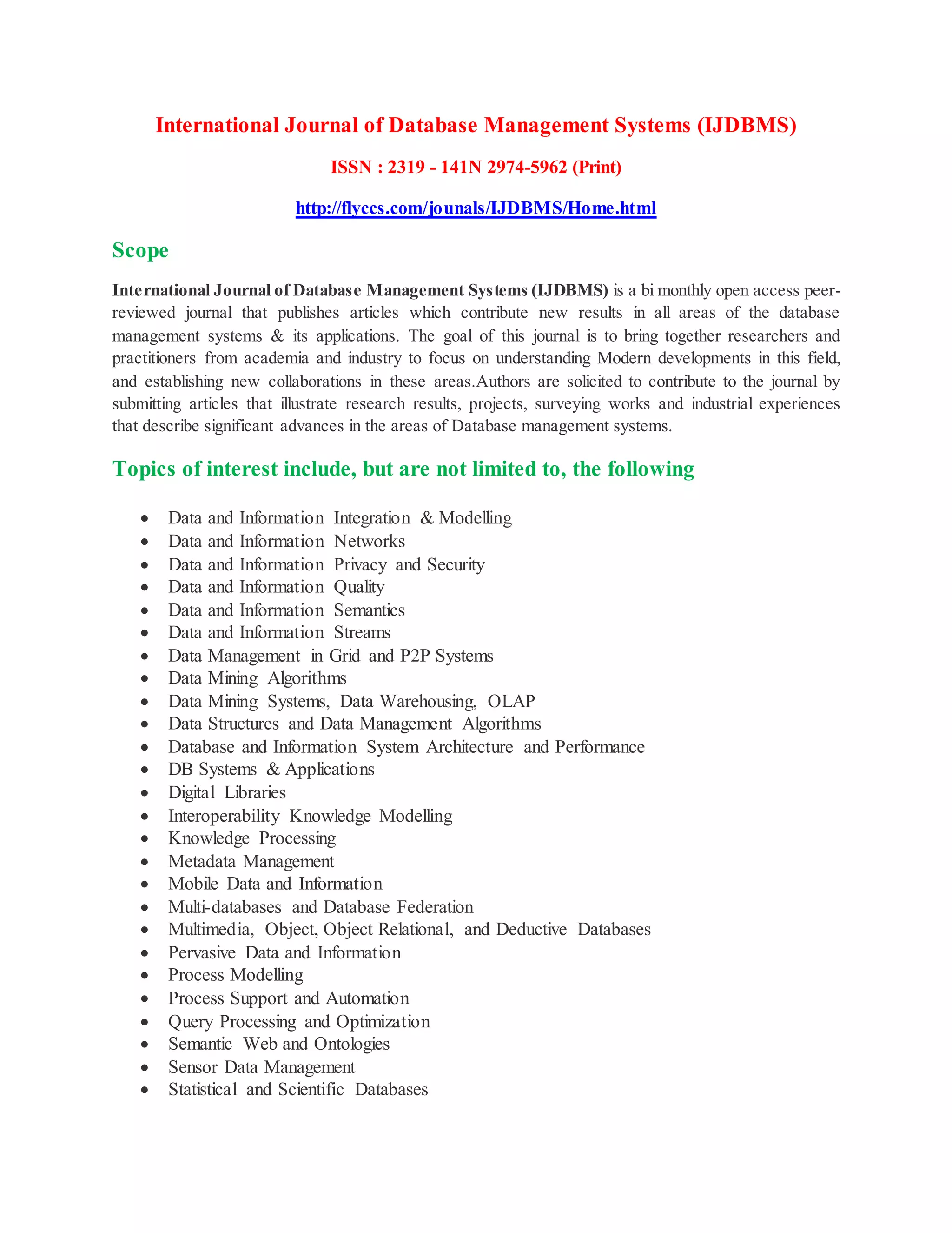 International Journal of Database Management Systems (IJDBMS) | PDF