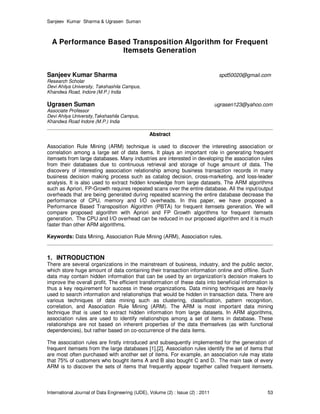 A Performance Based Transposition algorithm for Frequent Itemsets Generation | PDF