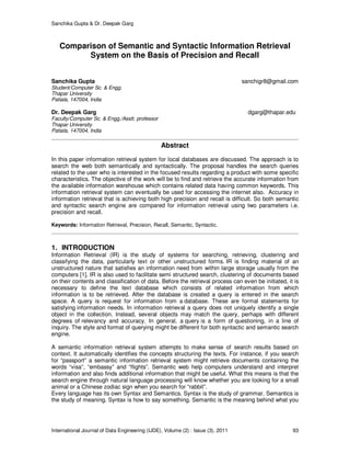 Comparison of Semantic and Syntactic Information Retrieval System on the basis of Precision and ...